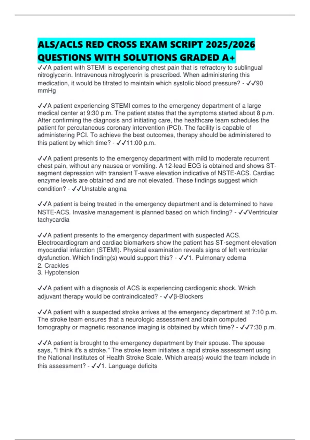 ALS/ACLS RED CROSS EXAM SCRIPT 2025/2026 QUESTIONS WITH SOLUTIONS ...