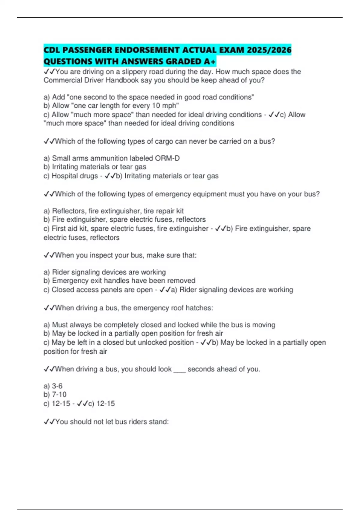 CDL PASSENGER ENDORSEMENT ACTUAL EXAM 2025/2026 QUESTIONS WITH ANSWERS ...