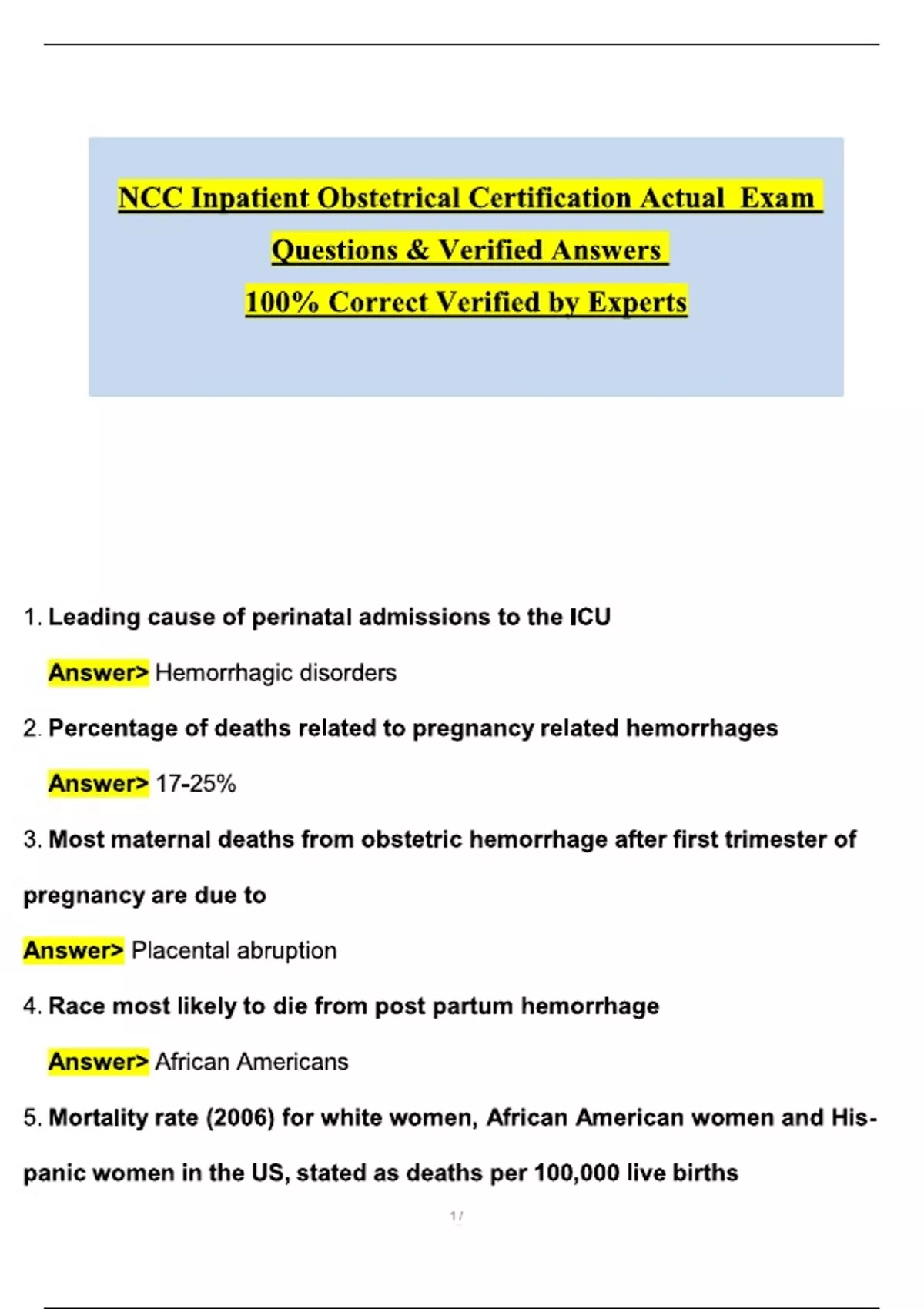 NCC Inpatient Obstetrical Certification Actual 2025 Exam Questions ...