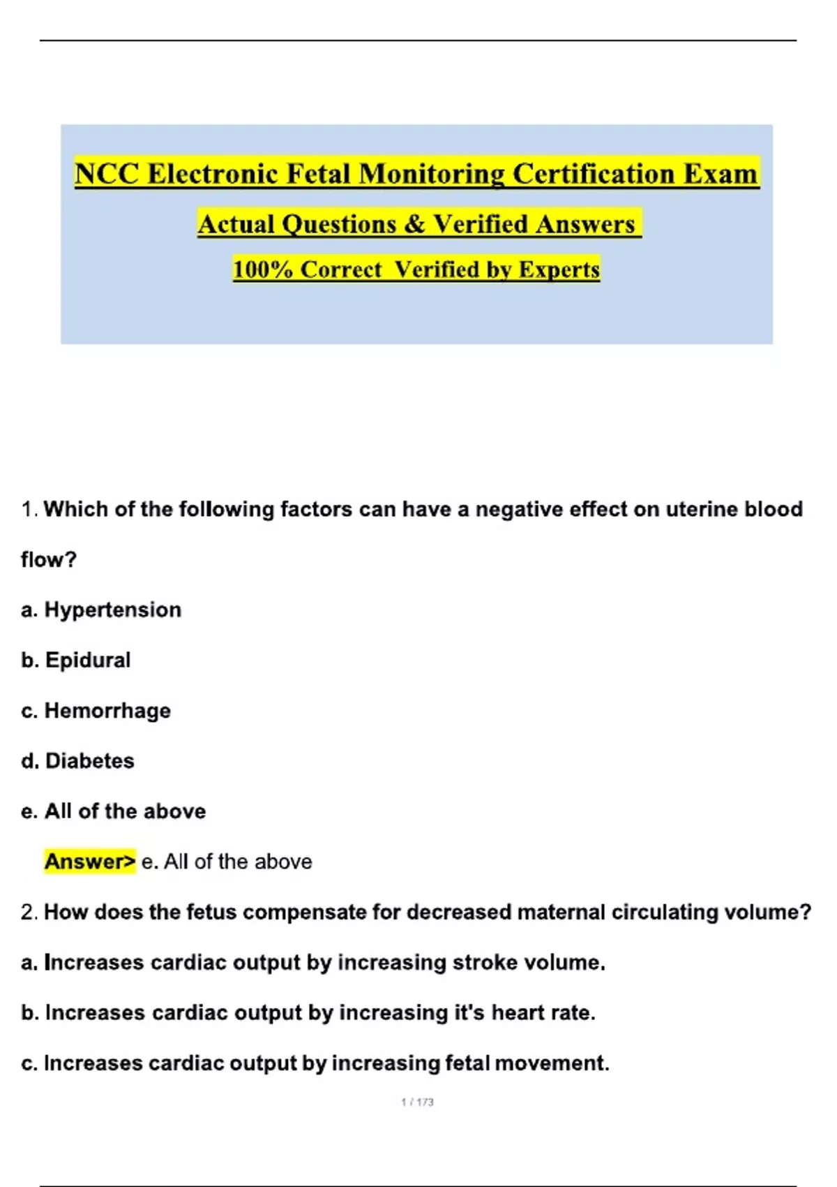 NCC Electronic Fetal Monitoring Certification Exam 2025 Actual Questions & Verified Answers 100% ...