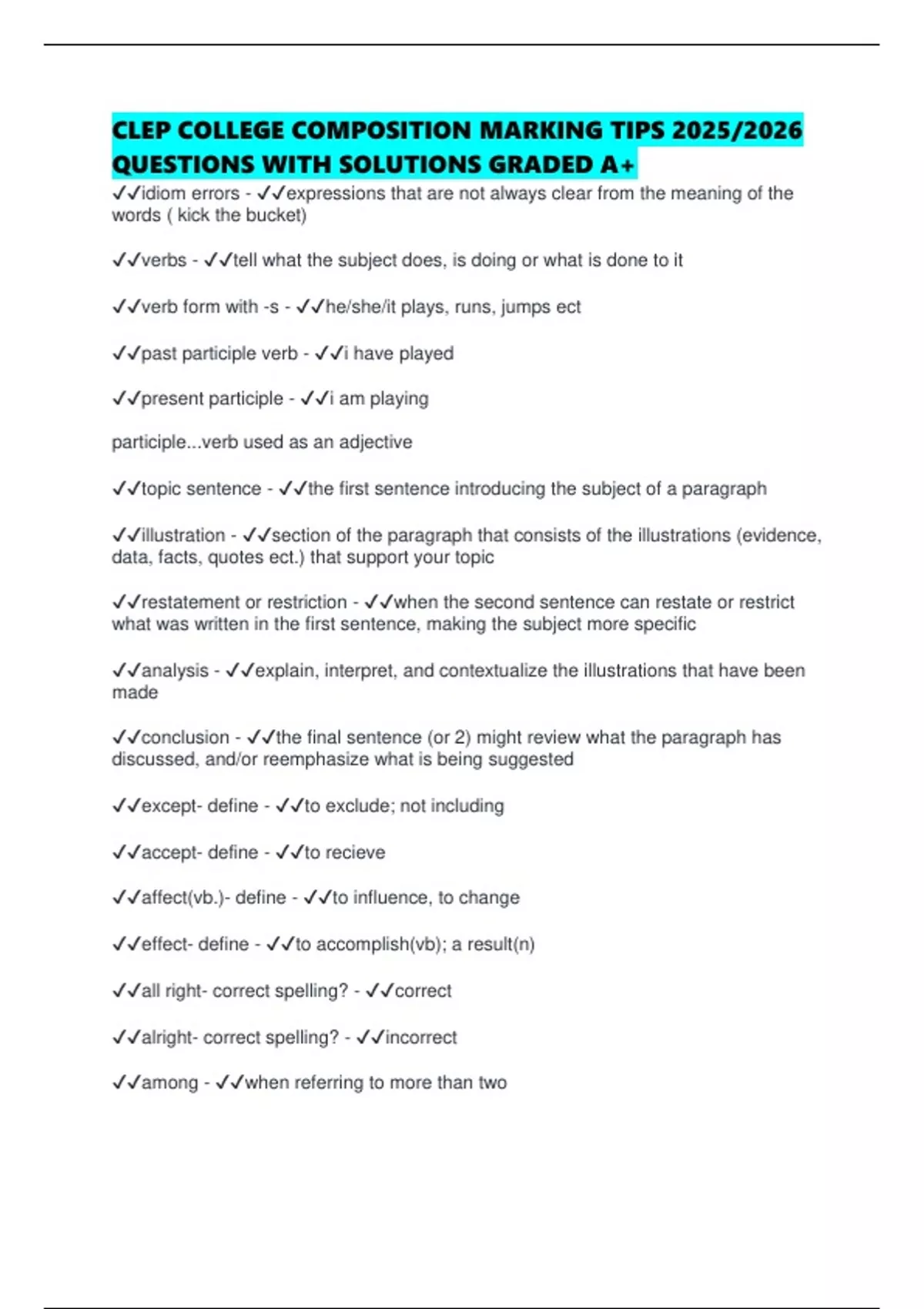 CLEP COLLEGE COMPOSITION MARKING TIPS 2025/2026 QUESTIONS WITH SOLUTIONS GRADED A+ - CLEP ...