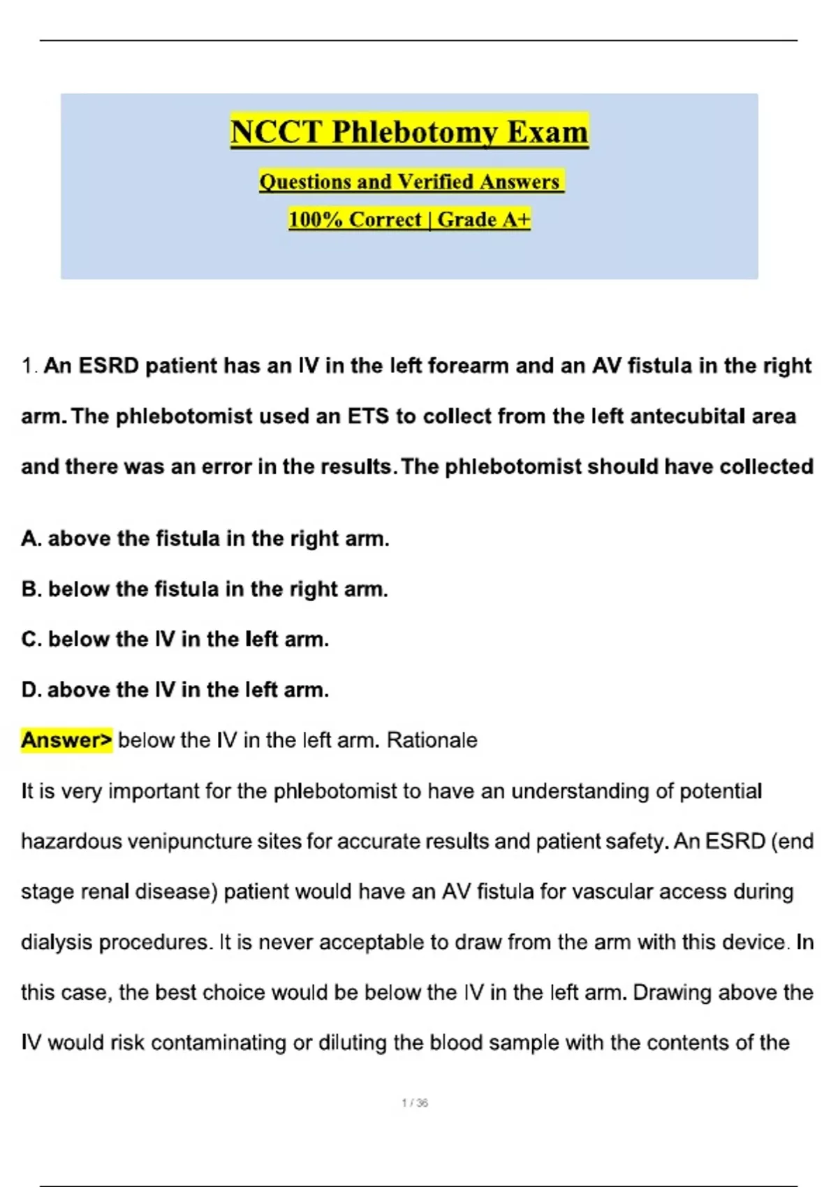 NCCT Phlebotomy Exam (Latest 2025 / 2026 Update) Questions and Verified ...