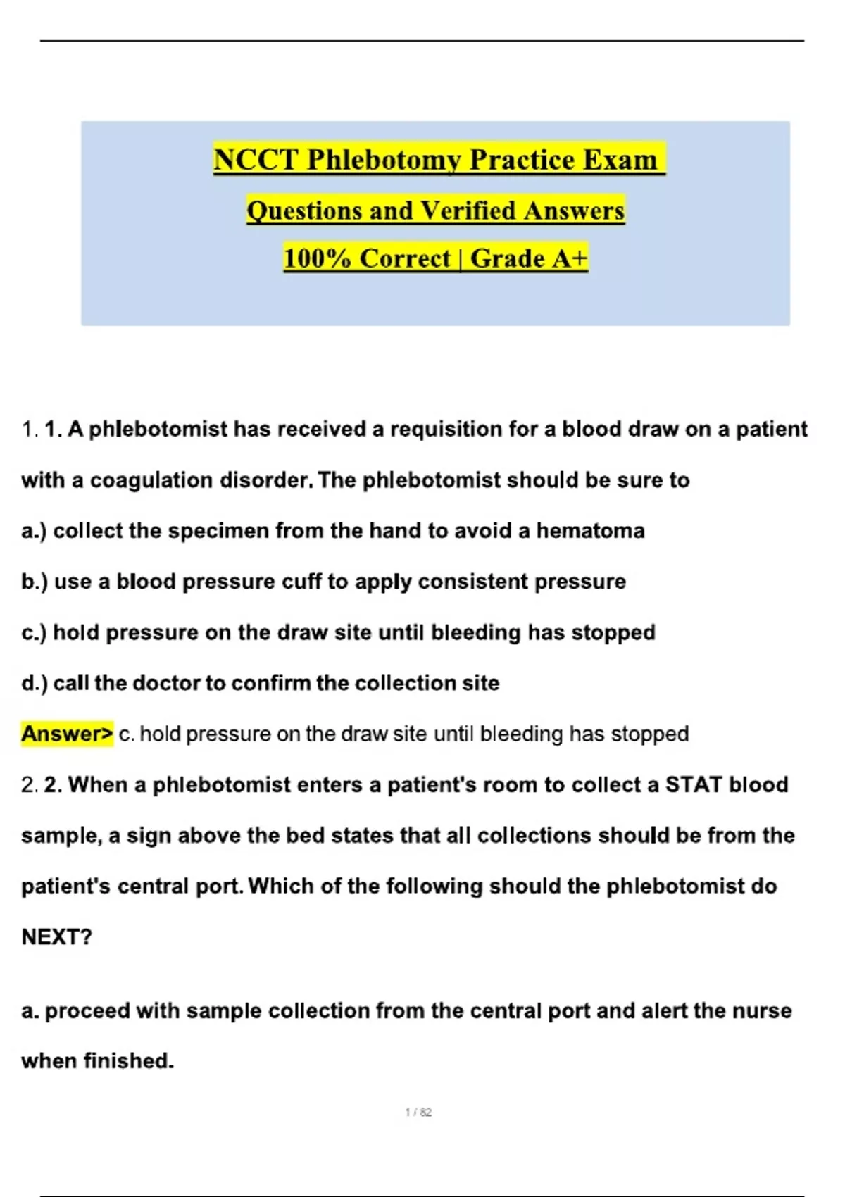 NCCT Phlebotomy Practice Exam (Latest 2025 / 2026 Update) Questions and ...