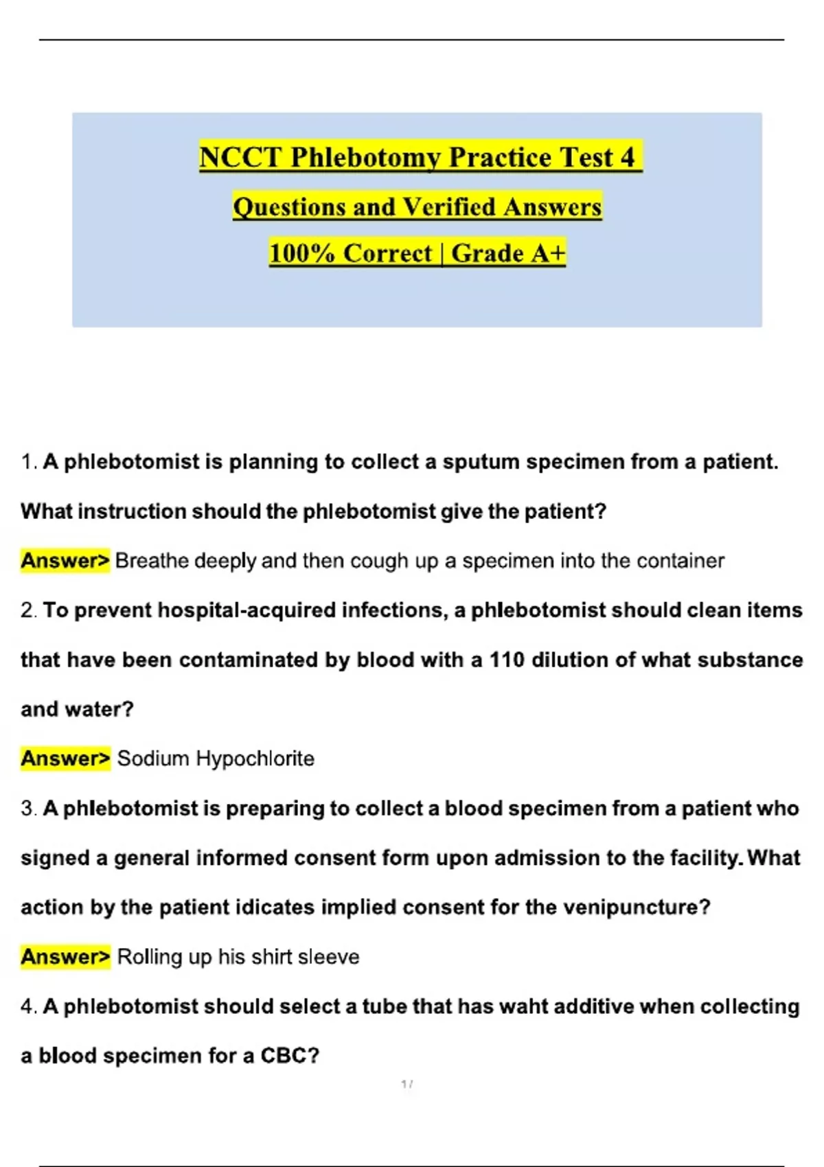 NCCT Phlebotomy Practice Test 4 (Latest 2025 / 2026 Update) Questions ...
