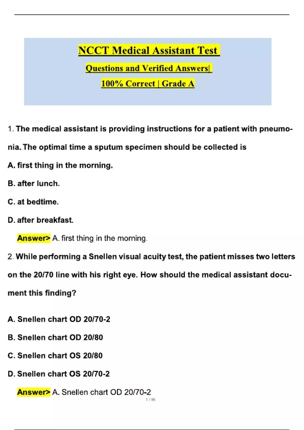 NCCT Phlebotomy Medical Assistant Exam (Latest 2025 / 2026 Update ...
