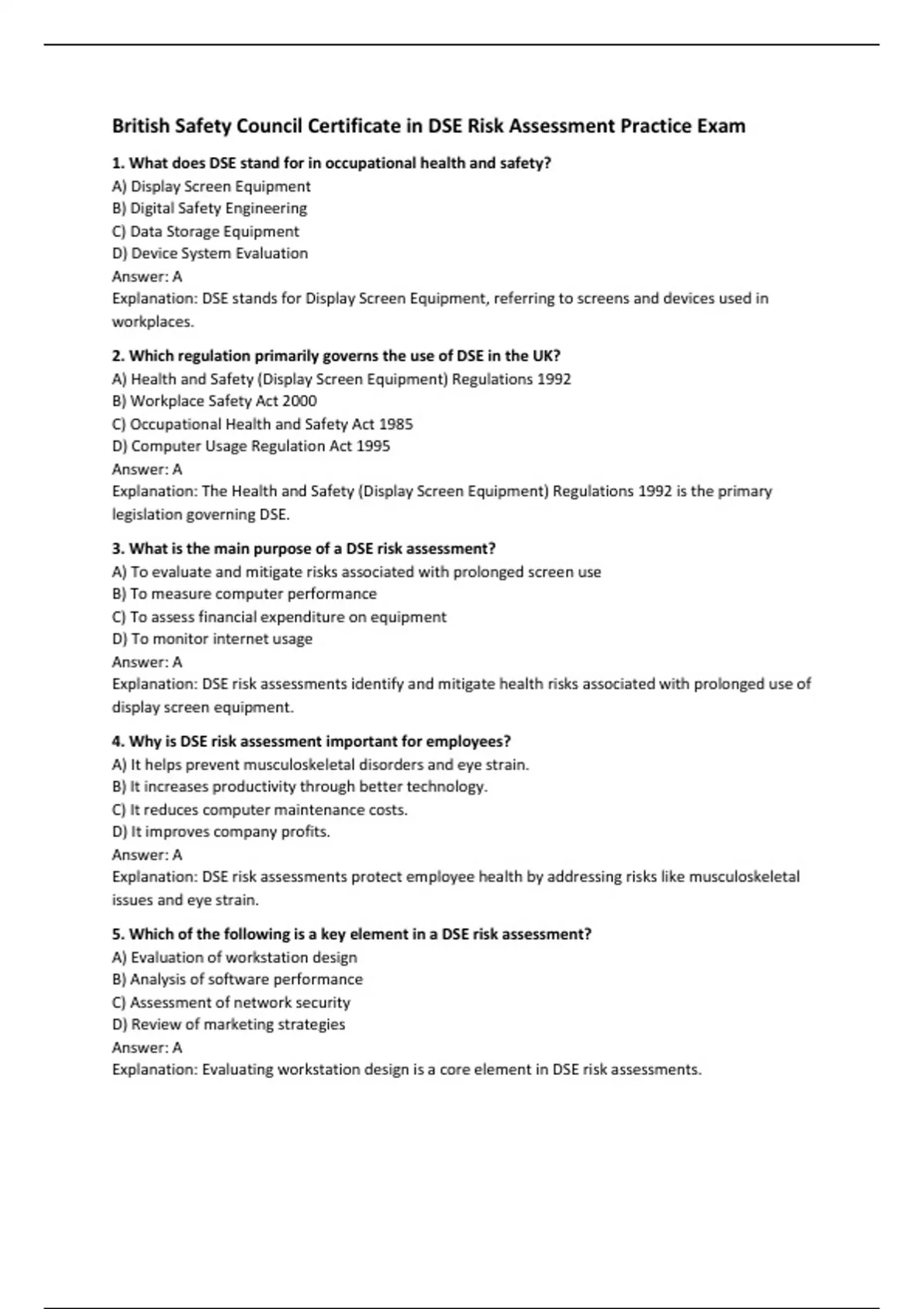 British Safety Council Certificate in DSE Risk Assessment Practice Exam ...