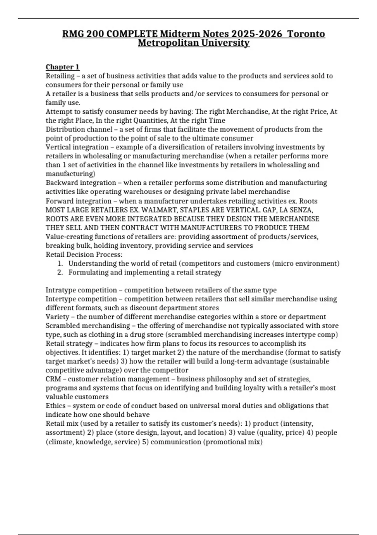 RMG 200 COMPLETE Midterm Notes Toronto Metropolitan University - RMG ...