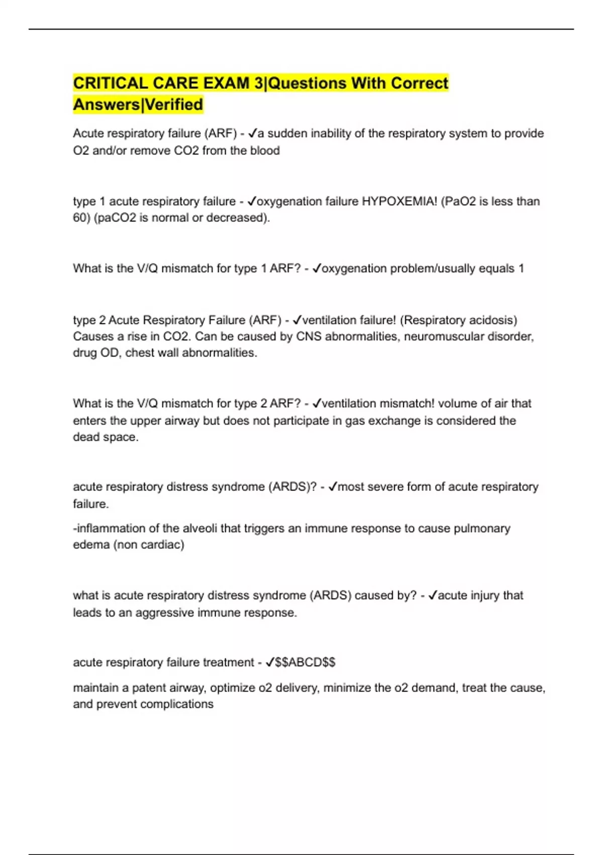 CRITICAL CARE EXAM 3|Questions With Correct Answers|Verified - CRITICAL ...