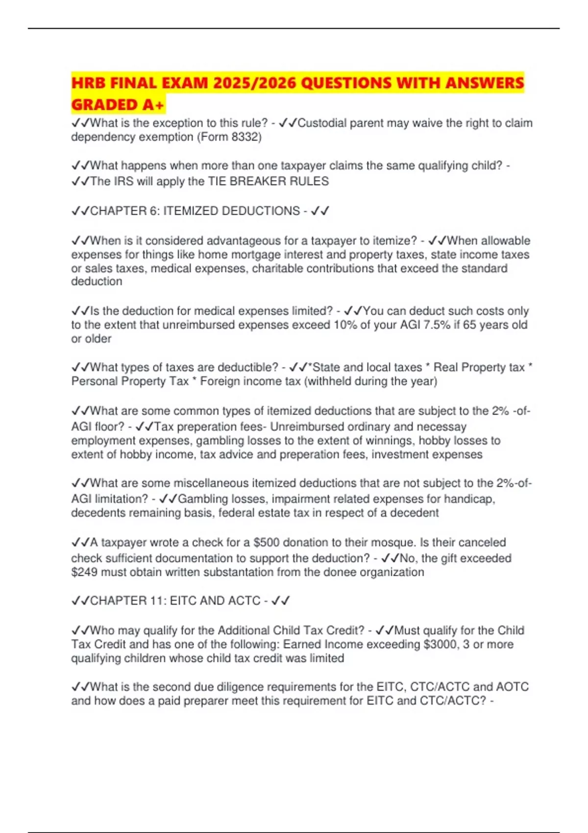 HRB FINAL EXAM 2025/2026 QUESTIONS WITH ANSWERS GRADED A+ - HRblock tax ...