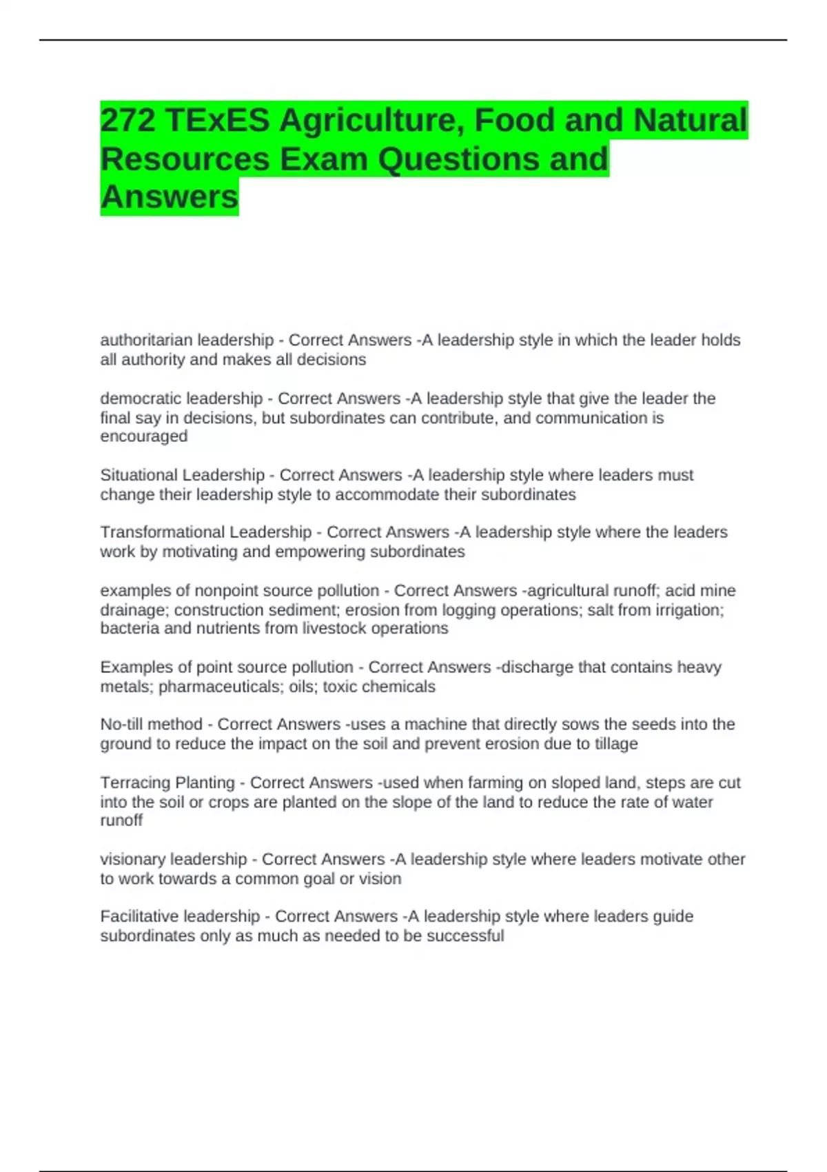 272 TExES Agriculture, Food and Natural Resources Exam Questions and ...