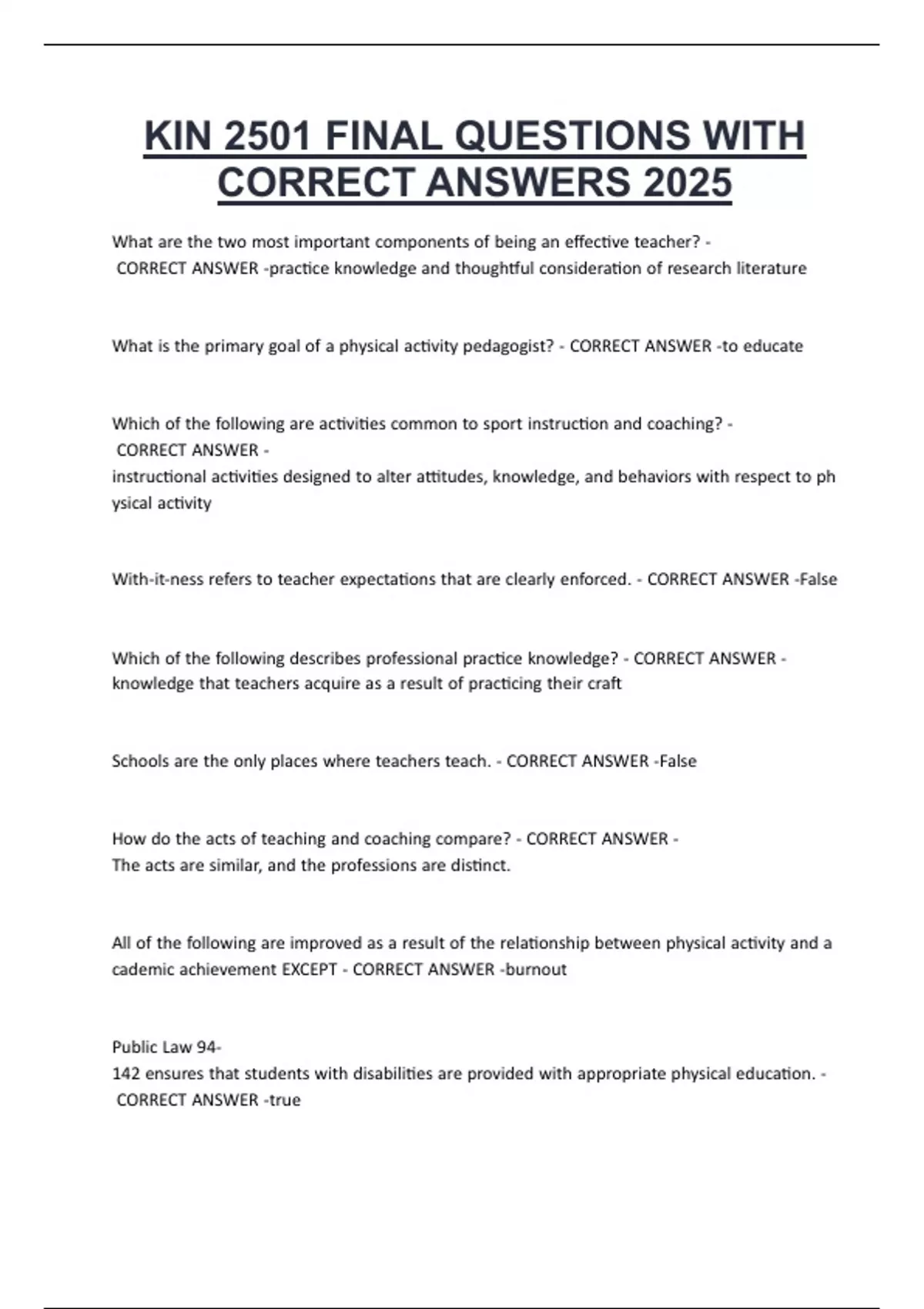 KIN 2501 FINAL QUESTIONS WITH CORRECT ANSWERS 2025 - KIN 2501 - Stuvia US