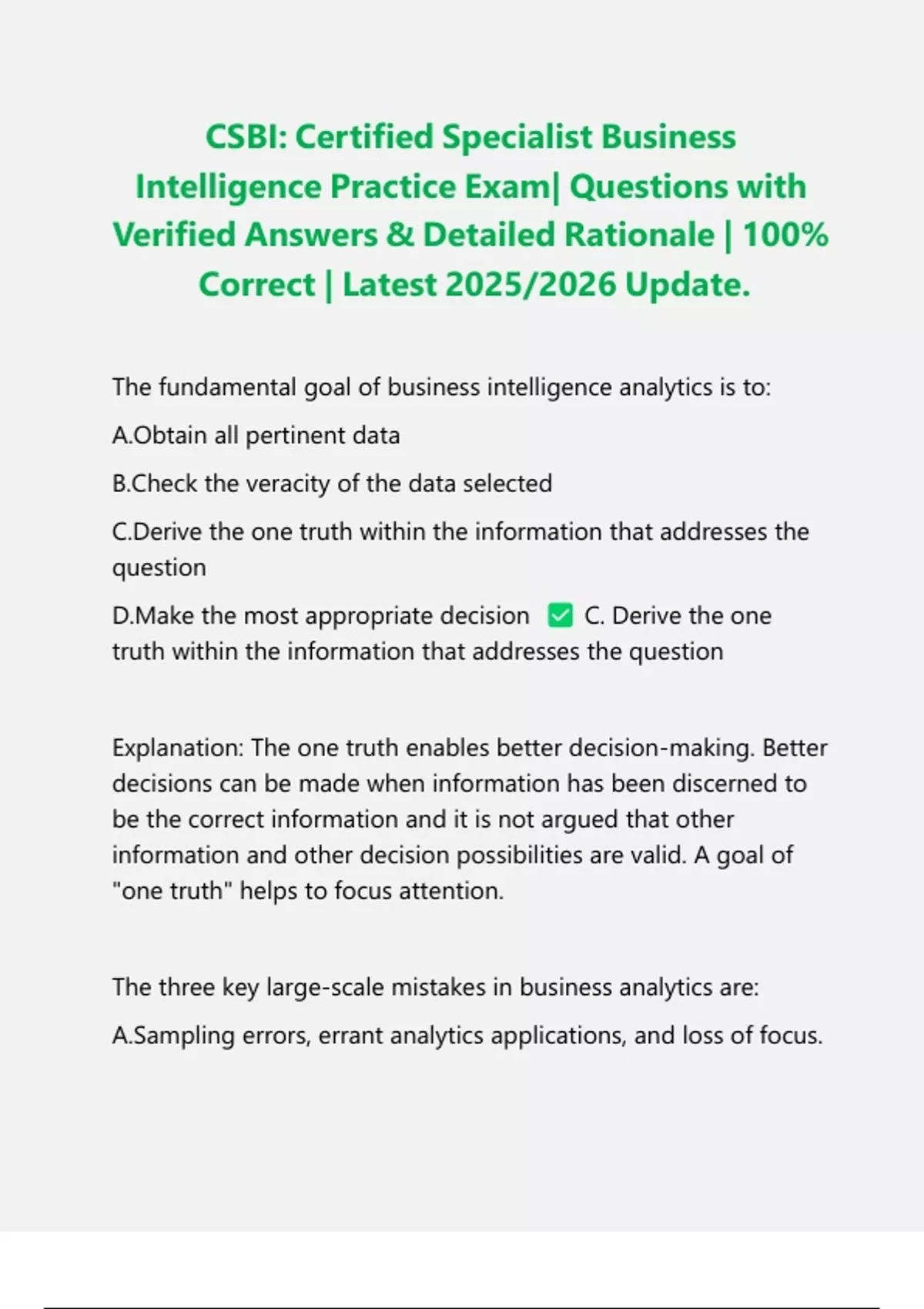 CSBI: Certified Specialist Business Intelligence Practice Exam| Questions with Verified Answers ...