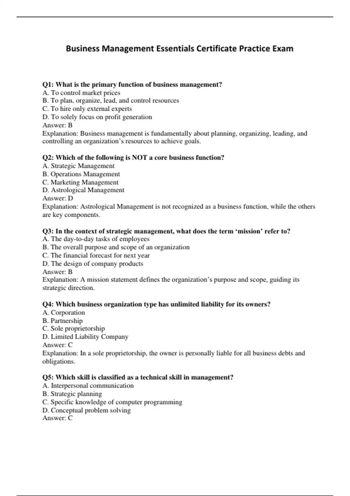 Business Management Essentials Certificate Practice Exam - Computers ...