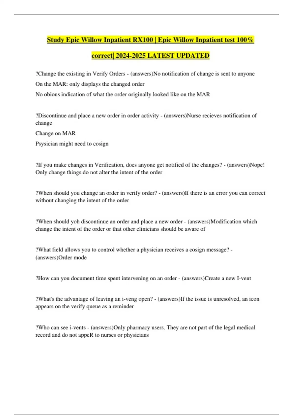Study Epic Willow Inpatient RX100 | Epic Willow Inpatient test 100% ...