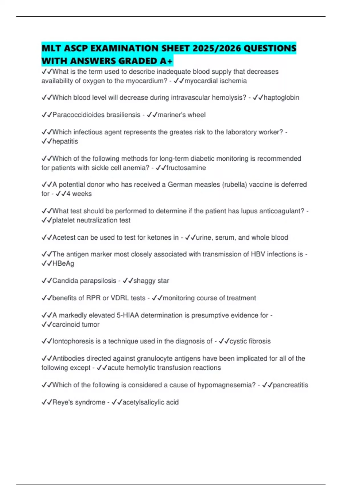 MLT ASCP EXAMINATION SHEET 2025/2026 QUESTIONS WITH ANSWERS GRADED A+ ...