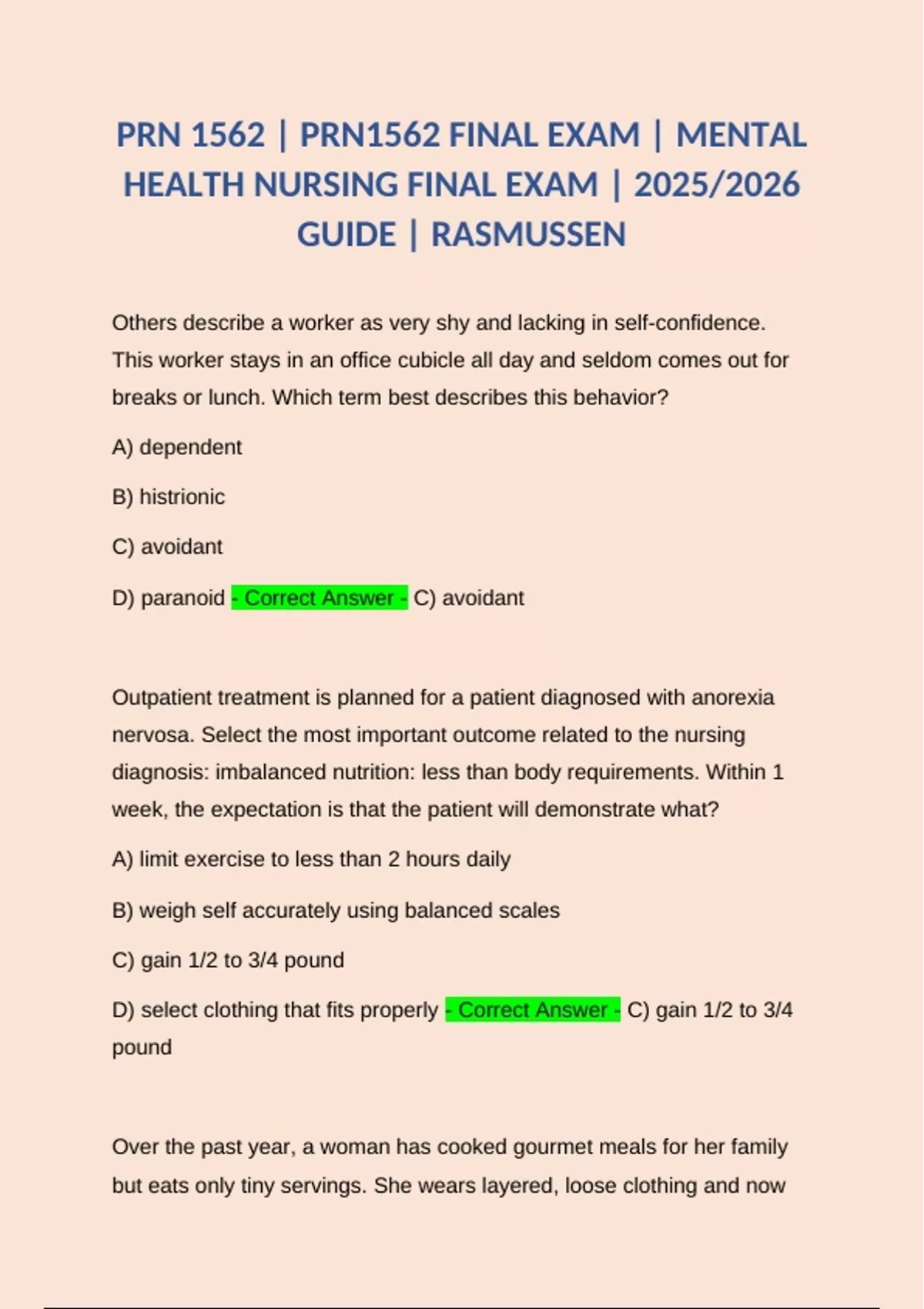 PRN 1562 | PRN1562 FINAL EXAM | MENTAL HEALTH NURSING FINAL EXAM | 2025 ...