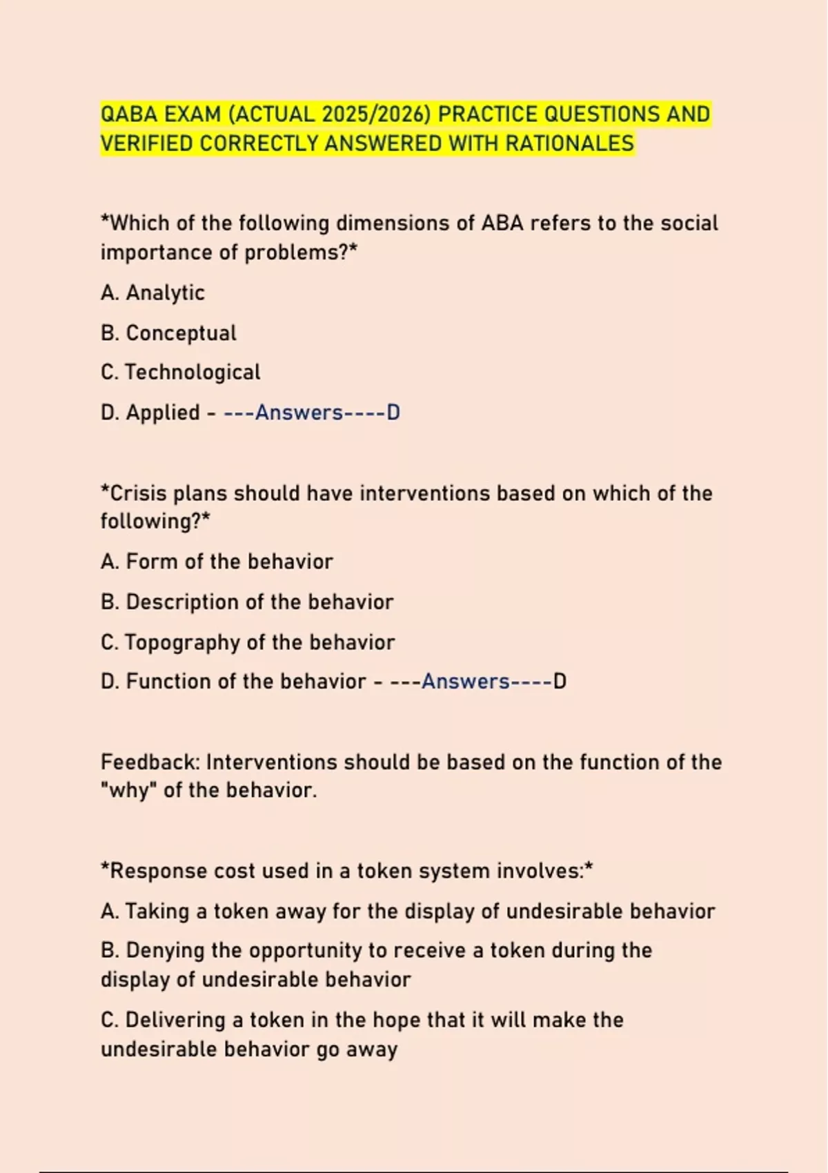 QABA EXAM (ACTUAL 2025/2026) PRACTICE QUESTIONS AND VERIFIED CORRECTLY ...