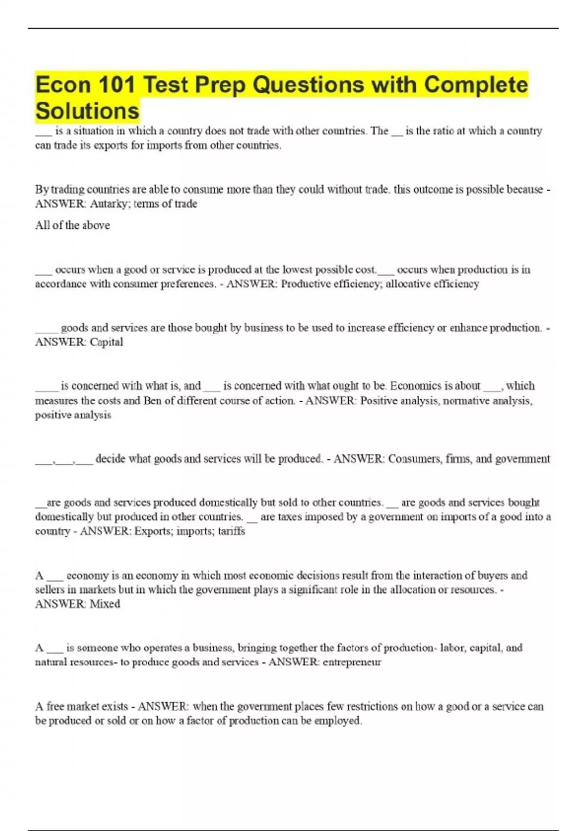 Econ 101 Test Prep Questions with Complete Solutions - Econ 101 - Stuvia US