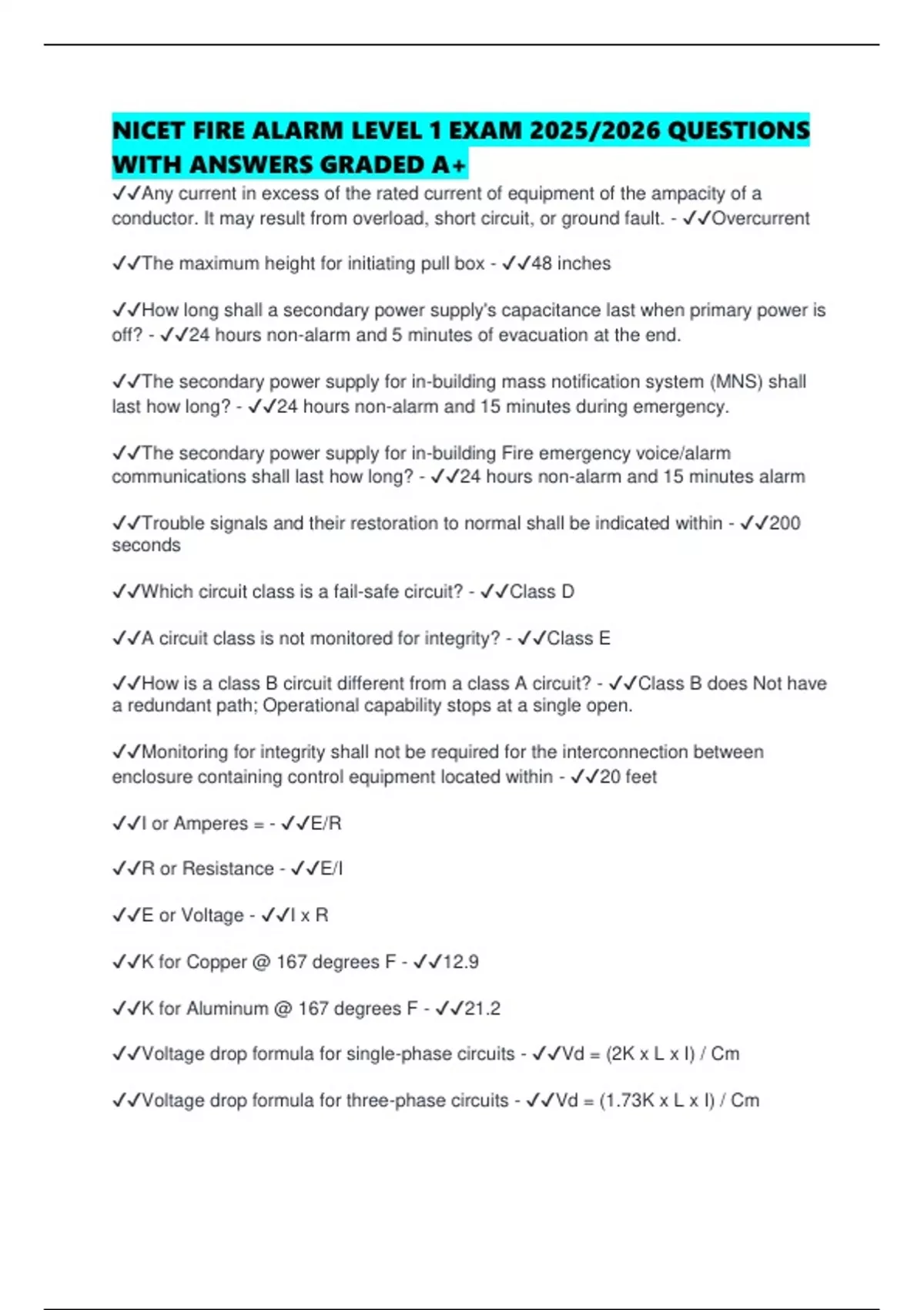 NICET FIRE ALARM LEVEL 1 EXAM 2025/2026 QUESTIONS WITH ANSWERS GRADED ...