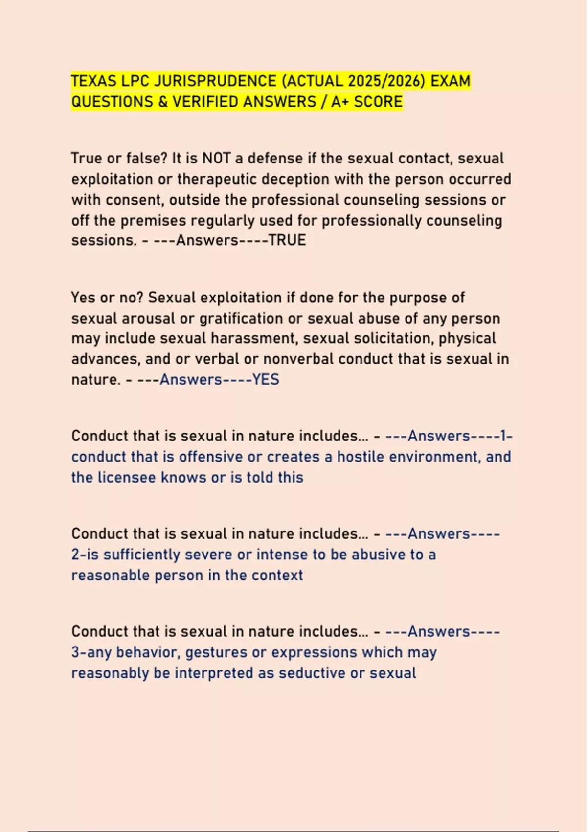 TEXAS LPC JURISPRUDENCE (ACTUAL 2025/2026) EXAM QUESTIONS & VERIFIED ...