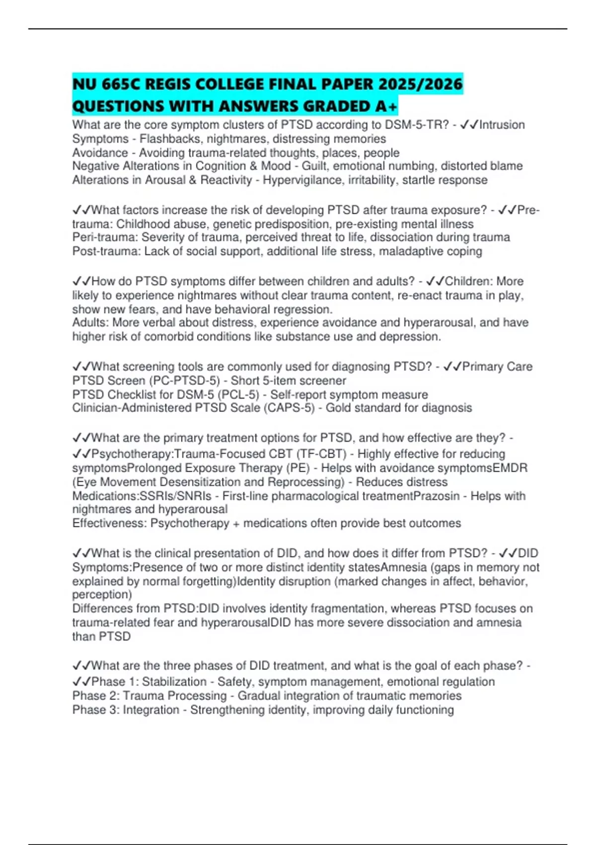 NU 665C REGIS COLLEGE FINAL PAPER 2025/2026 QUESTIONS WITH ANSWERS ...