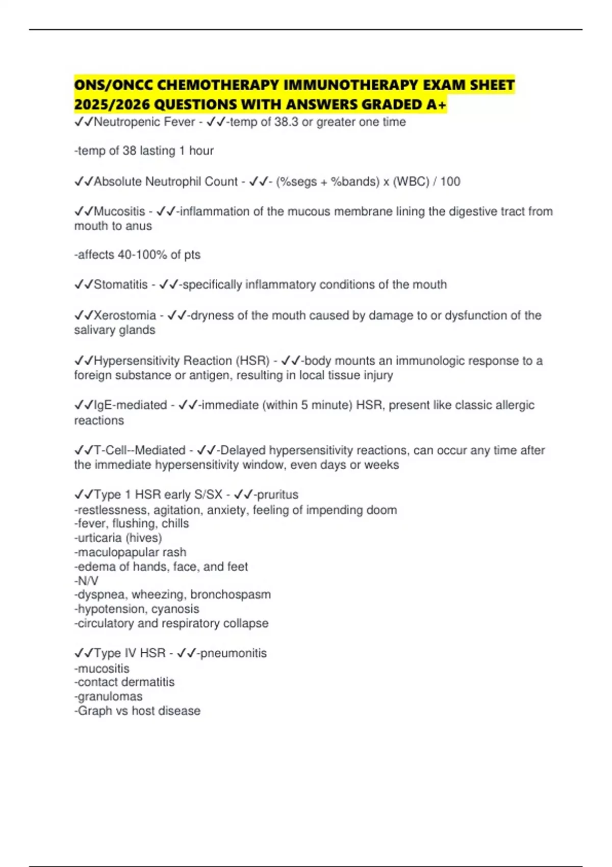 ONS/ONCC CHEMOTHERAPY IMMUNOTHERAPY EXAM SHEET 2025/2026 QUESTIONS WITH ...