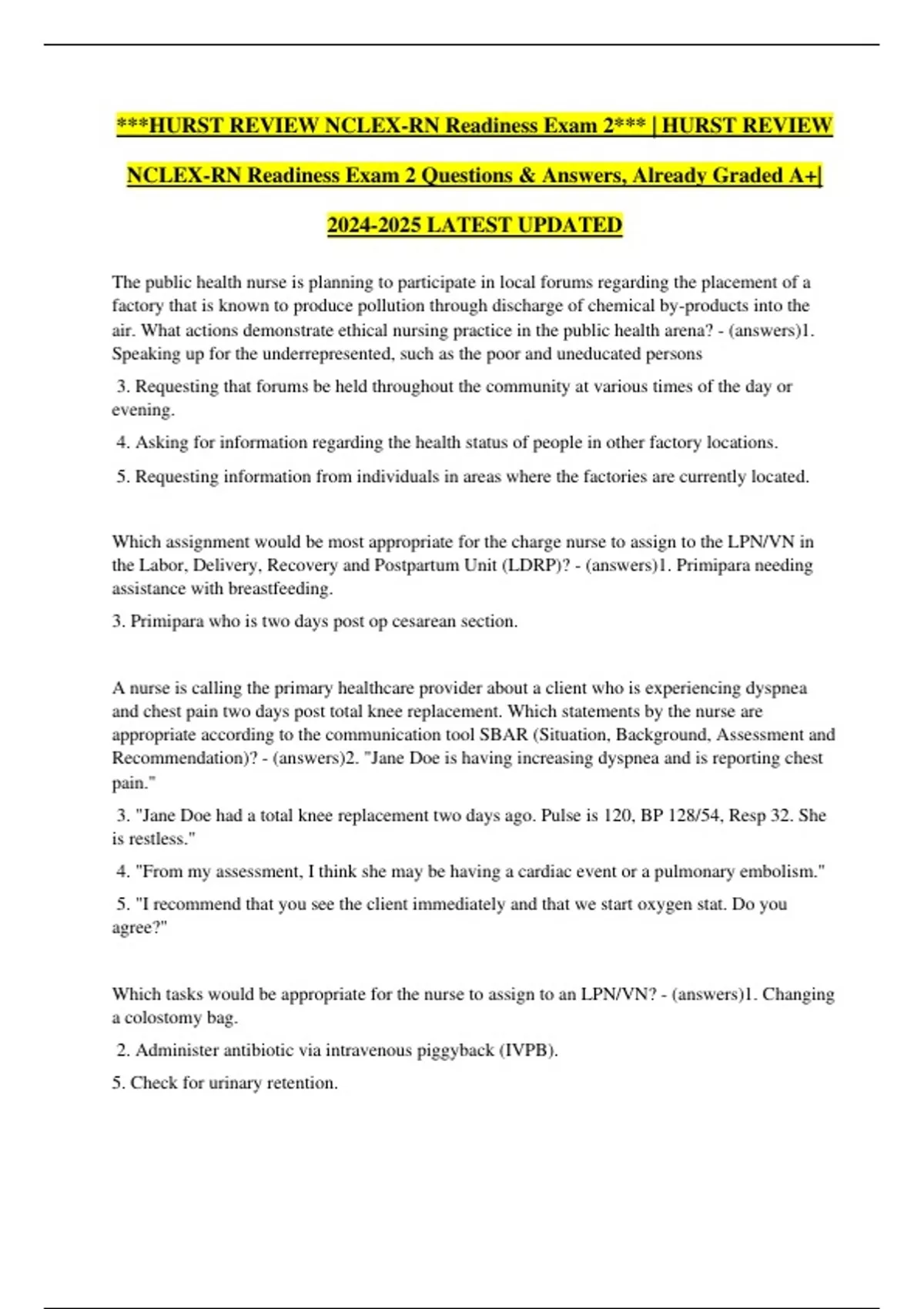 HURST REVIEW NCLEX RN READINESS EXAM 1 -3 BUNDLE | LATEST UPDATED ...