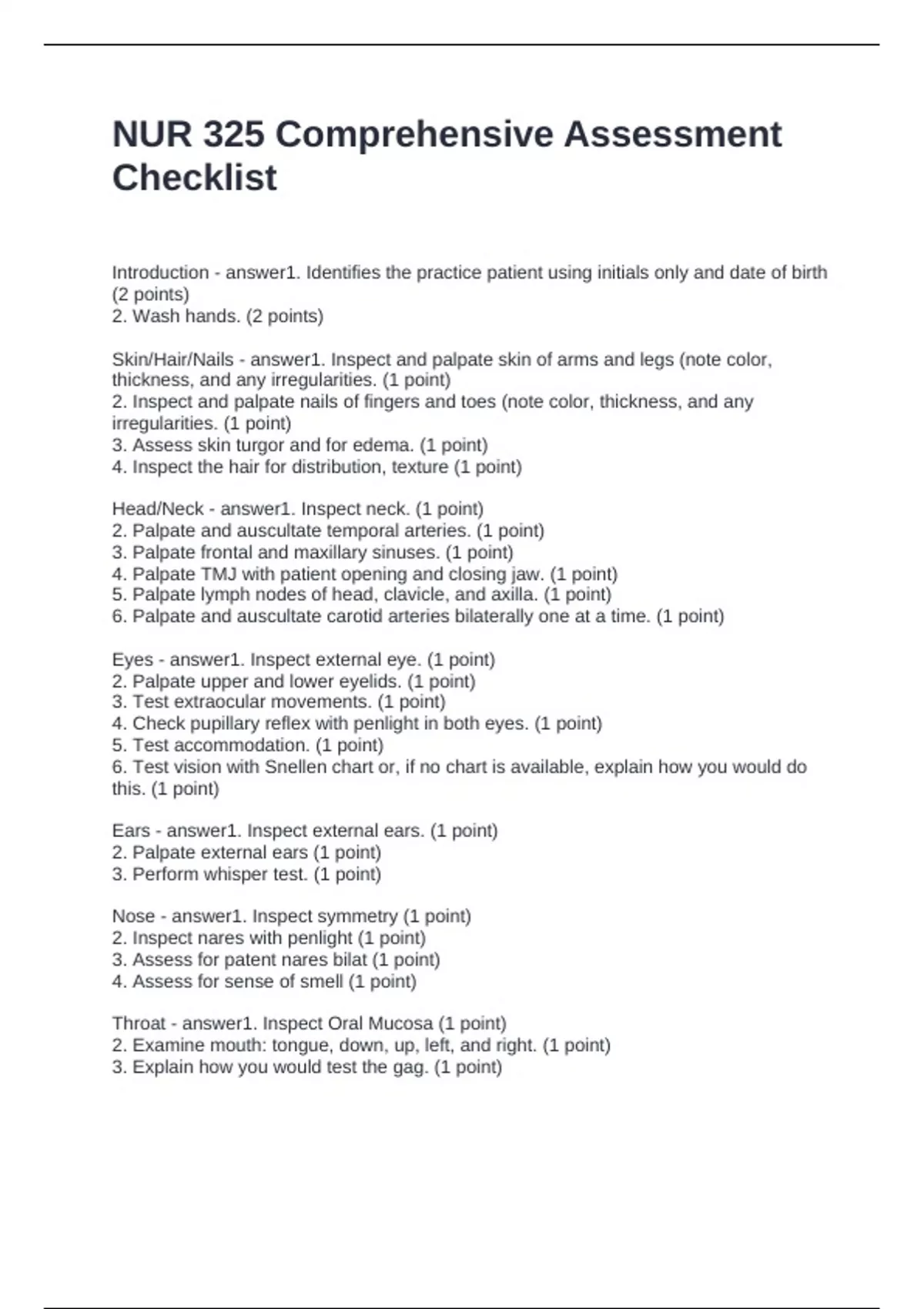 NUR 325 Comprehensive Assessment Checklist Questions with Solutions ...