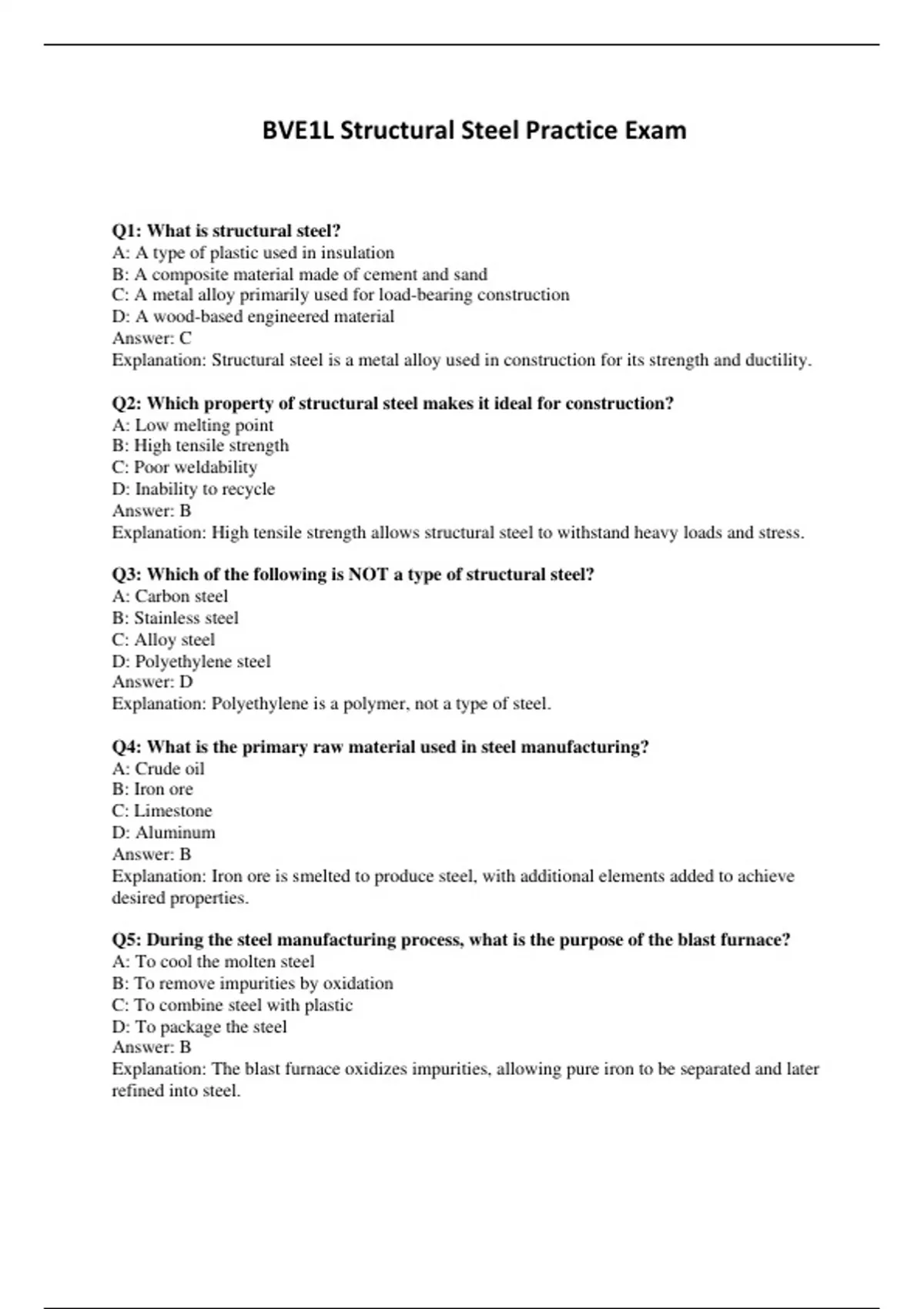BVE1L Structural Steel Practice Exam - Computers - Stuvia US