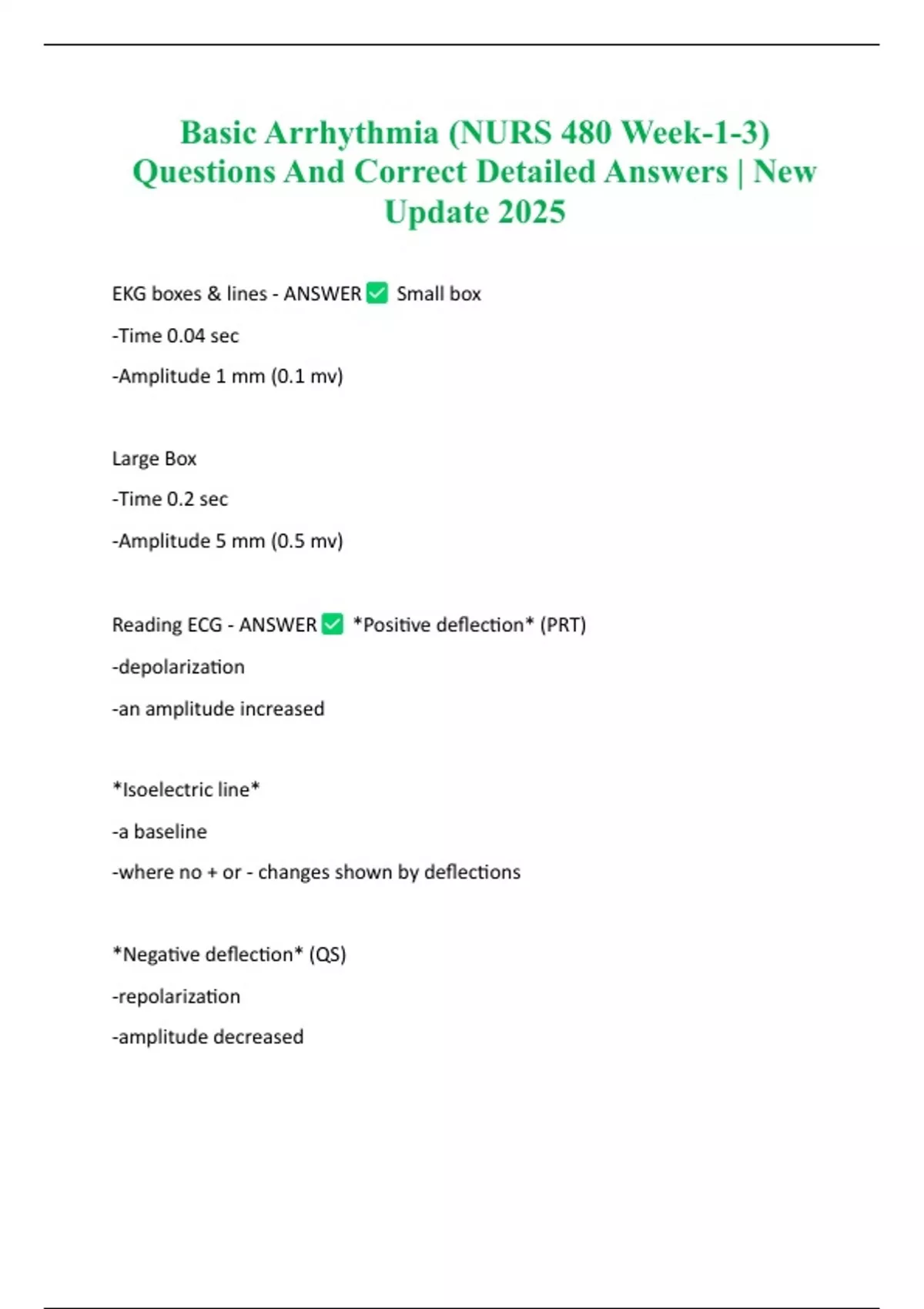 Basic Arrhythmia (NURS 480 Week-1-3) Questions And Correct Detailed ...