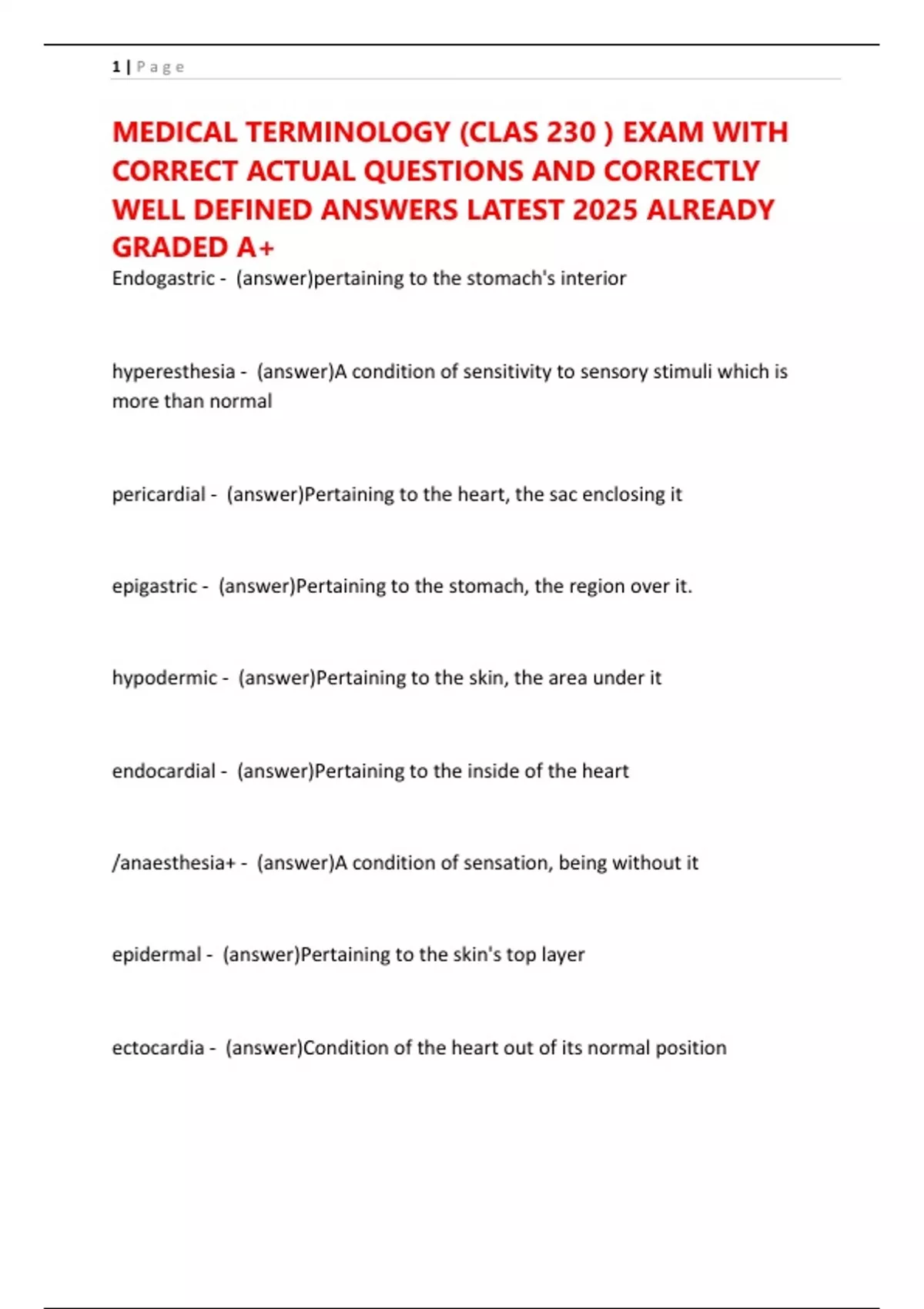 MEDICAL TERMINOLOGY (CLAS 230 ) EXAM WITH CORRECT ACTUAL QUESTIONS AND ...