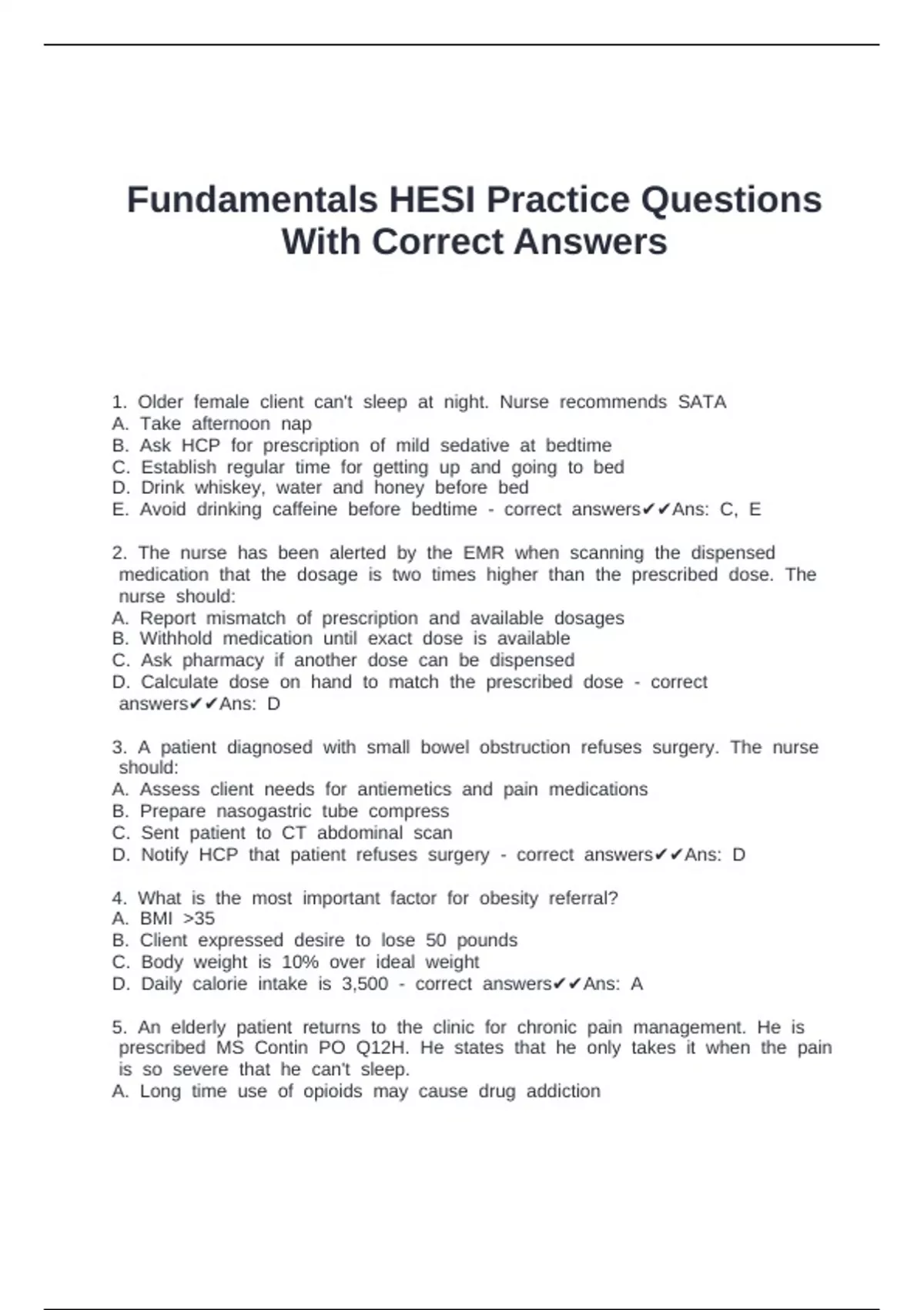 Fundamentals HESI Practice Questions With Correct Answers - HESI ...