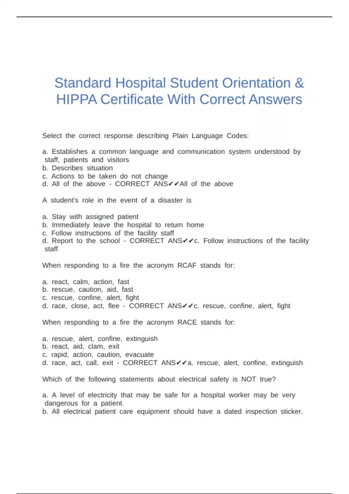Standard Hospital Student Orientation & HIPPA Certificate With Correct ...