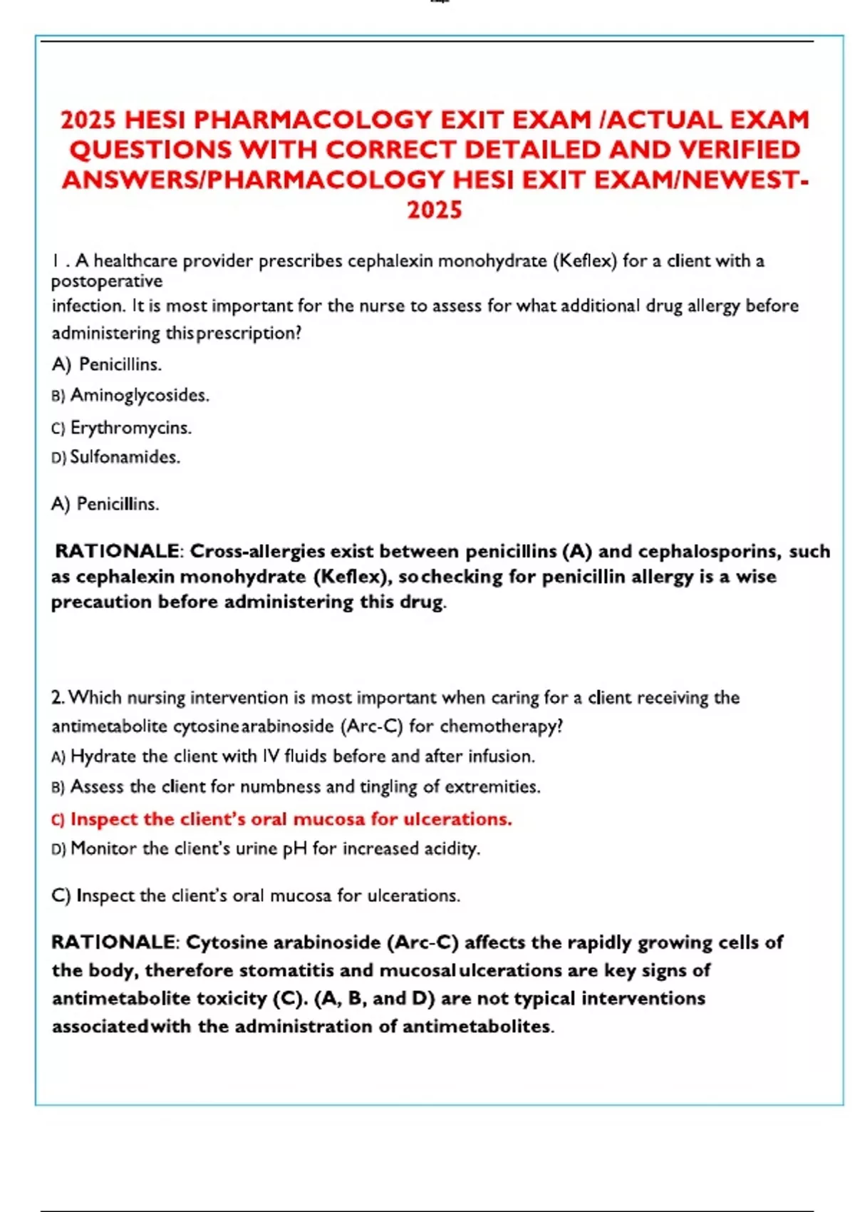 2025 HESI PHARMACOLOGY EXIT EXAM /ACTUAL EXAM QUESTIONS WITH CORRECT ...
