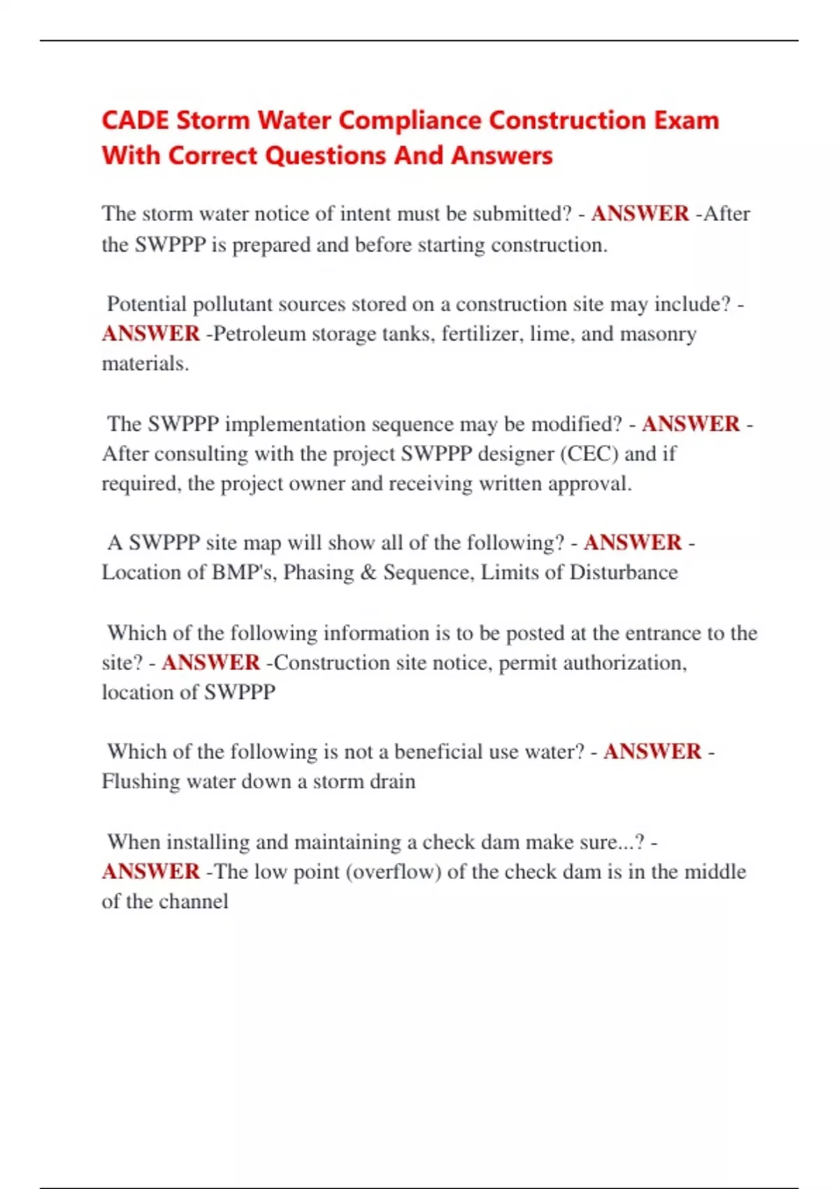 CADE Storm Water Compliance Construction Exam With Correct Questions ...