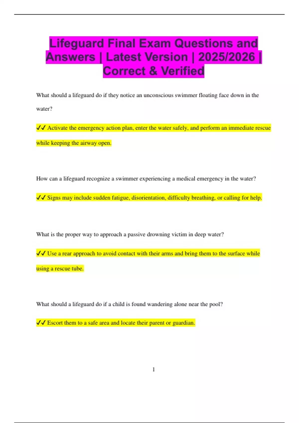Lifeguard Final Exam Questions and Answers | Latest Version | 2025/2026 ...