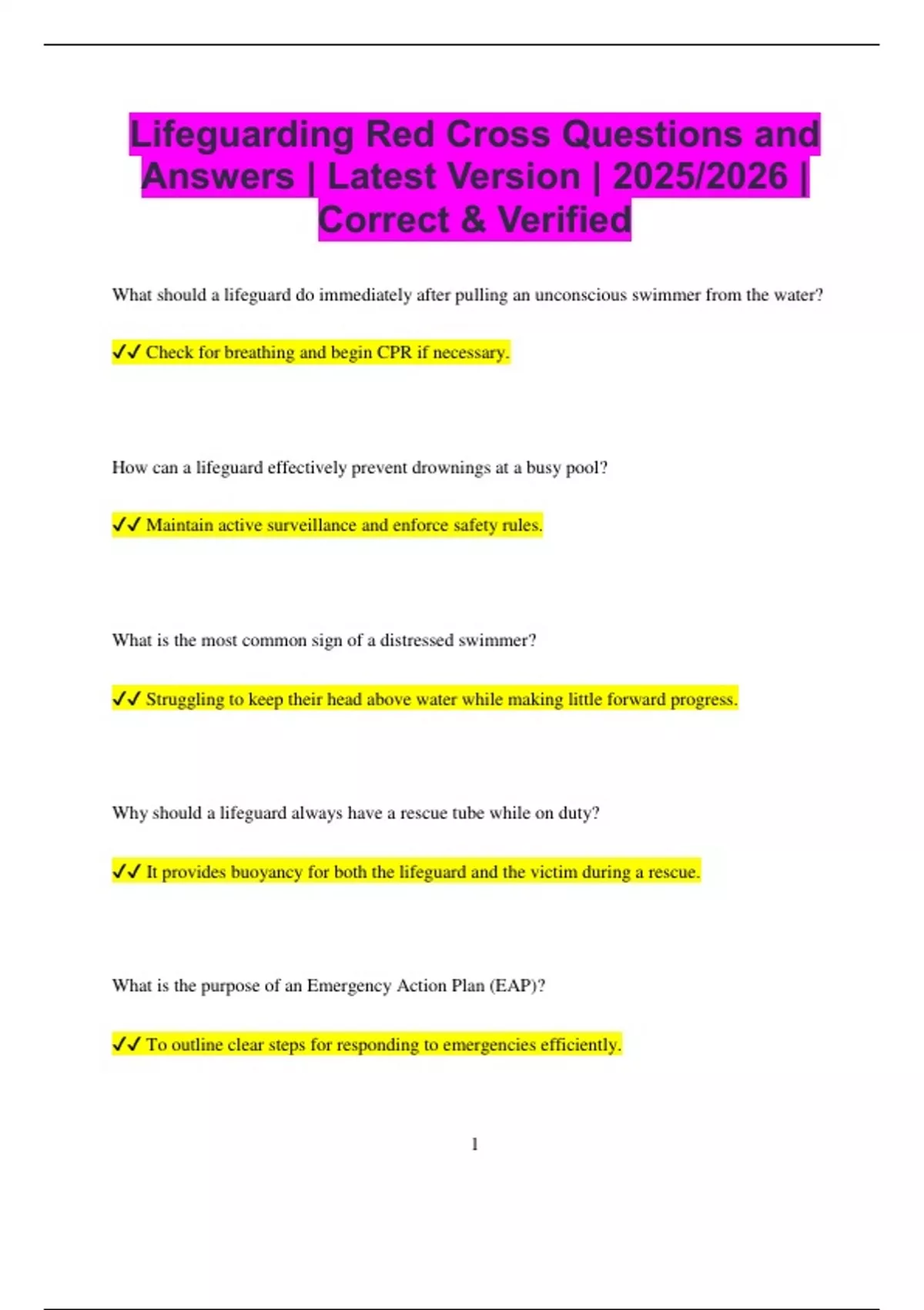 Lifeguarding Red Cross Questions and Answers | Latest Version | 2025/ ...