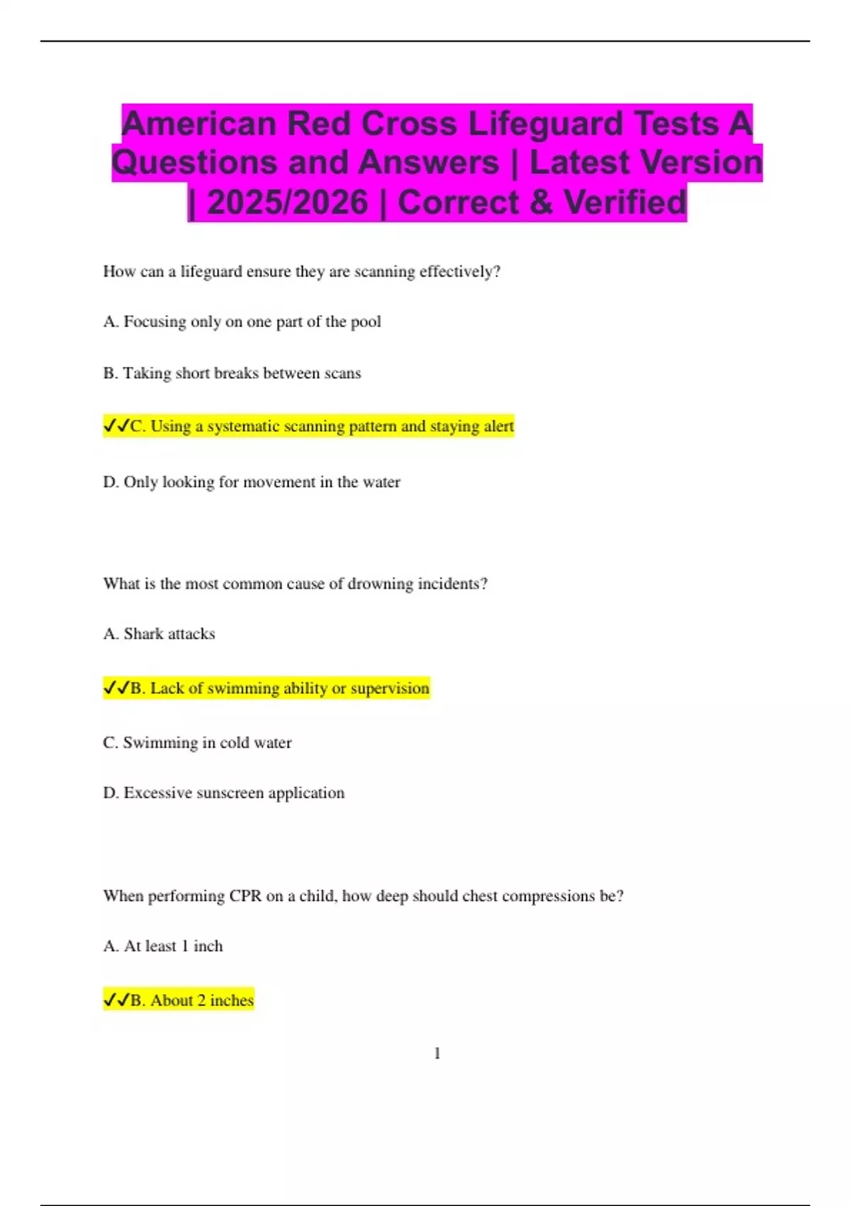 American Red Cross Lifeguard Tests A Questions and Answers | Latest ...