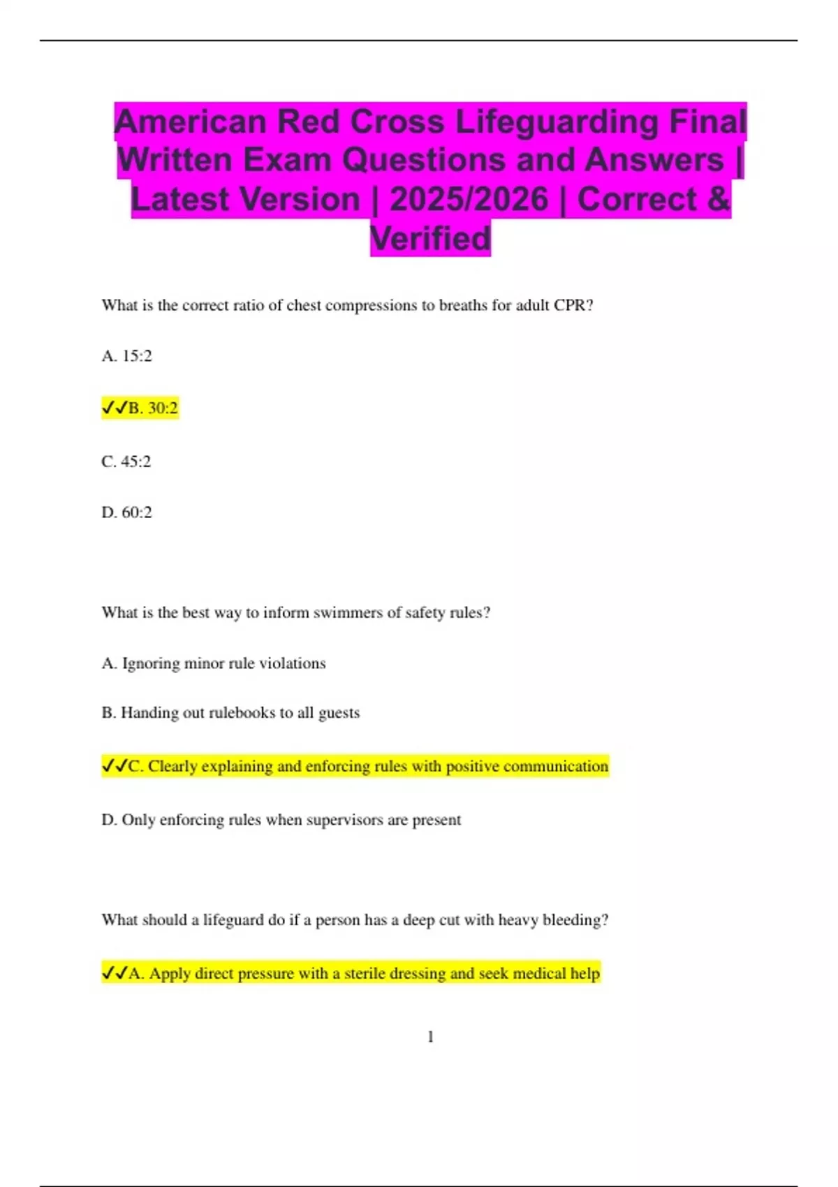 American Red Cross Lifeguarding Final Written Exam Questions and ...