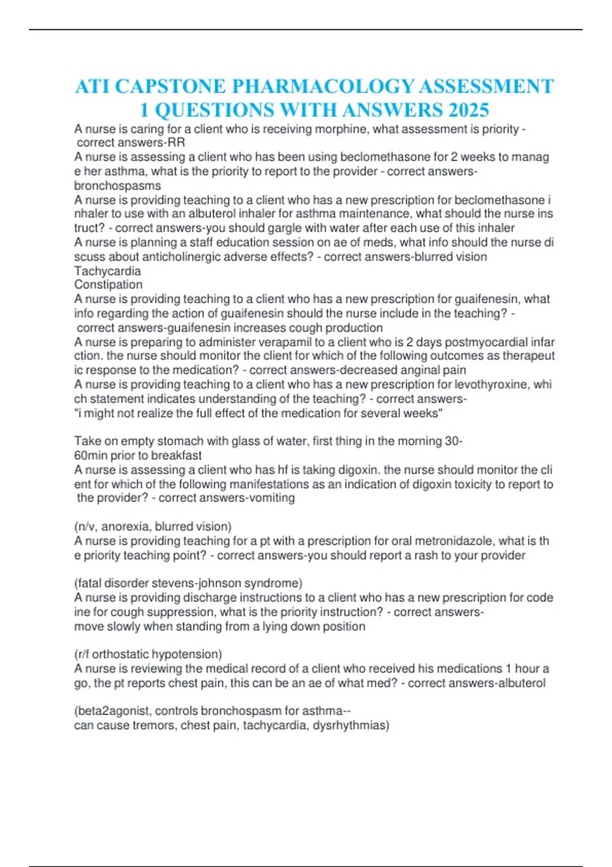 ATI CAPSTONE PHARMACOLOGY ASSESSMENT 1 QUESTIONS WITH ANSWERS 2025 - RN ...