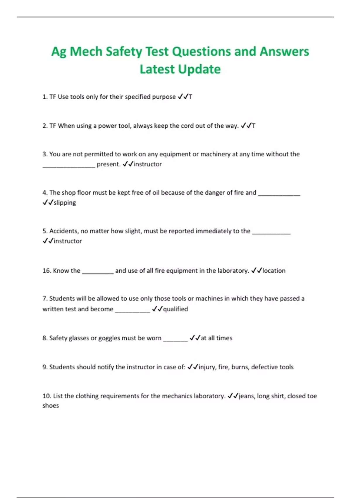 Ag Mech Safety Test Questions and Answers Latest Update - Ag Mech ...