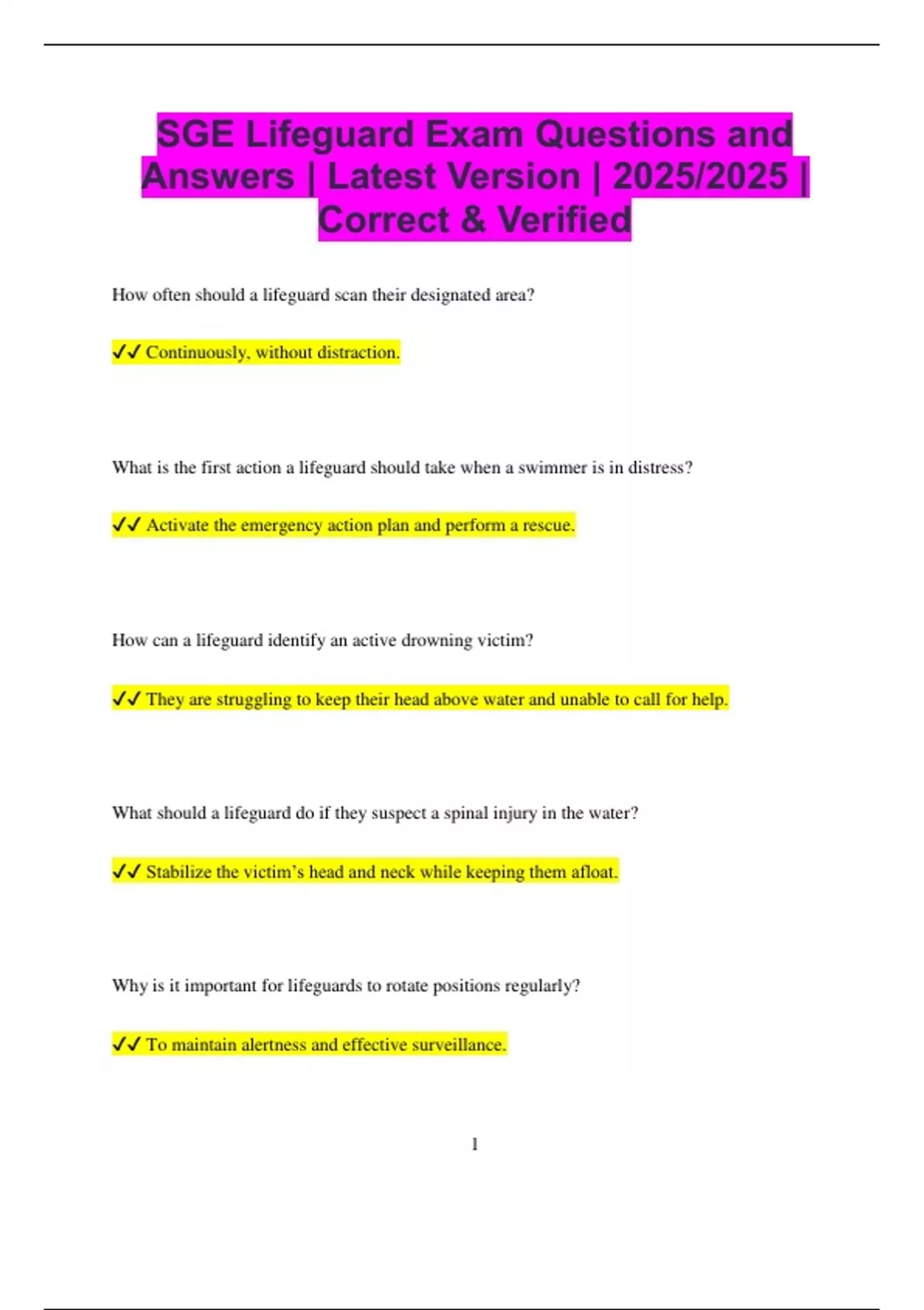 SGE Lifeguard Exam Questions and Answers | Latest Version | 2025/2025 ...