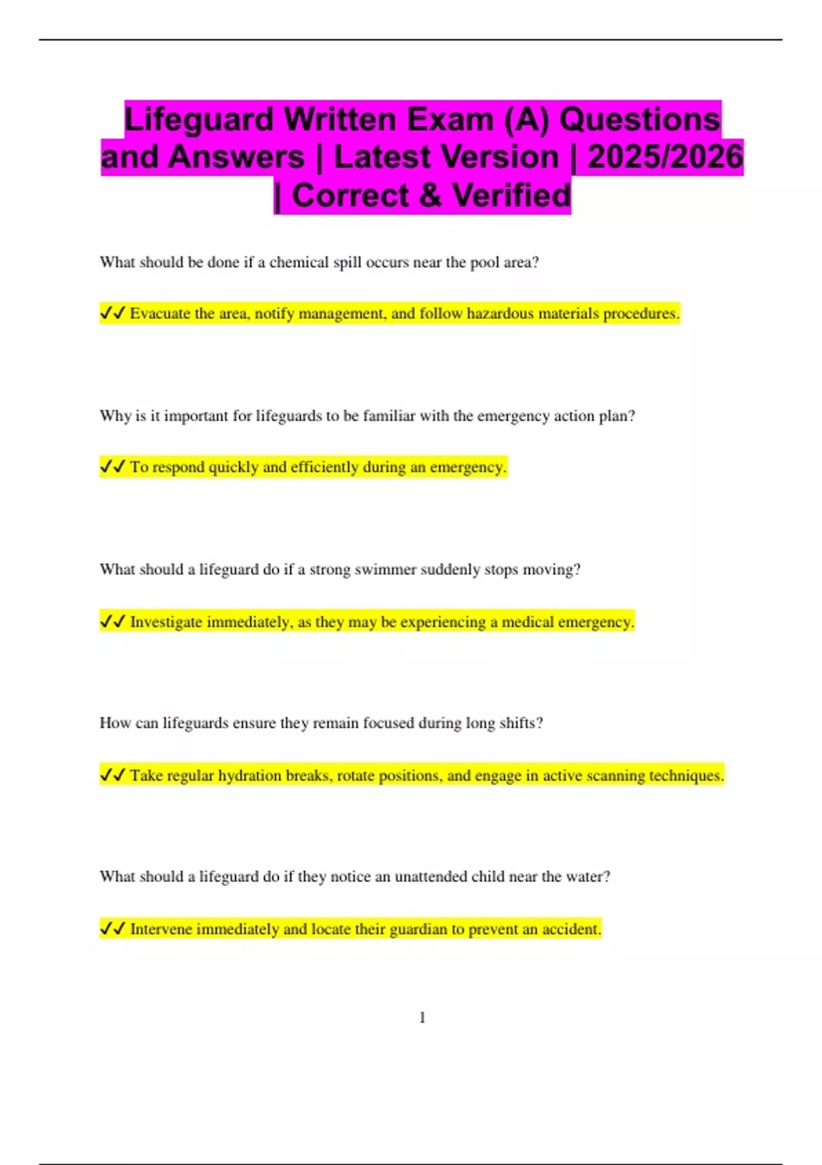 Lifeguard Written Exam (A) Questions and Answers | Latest Version ...