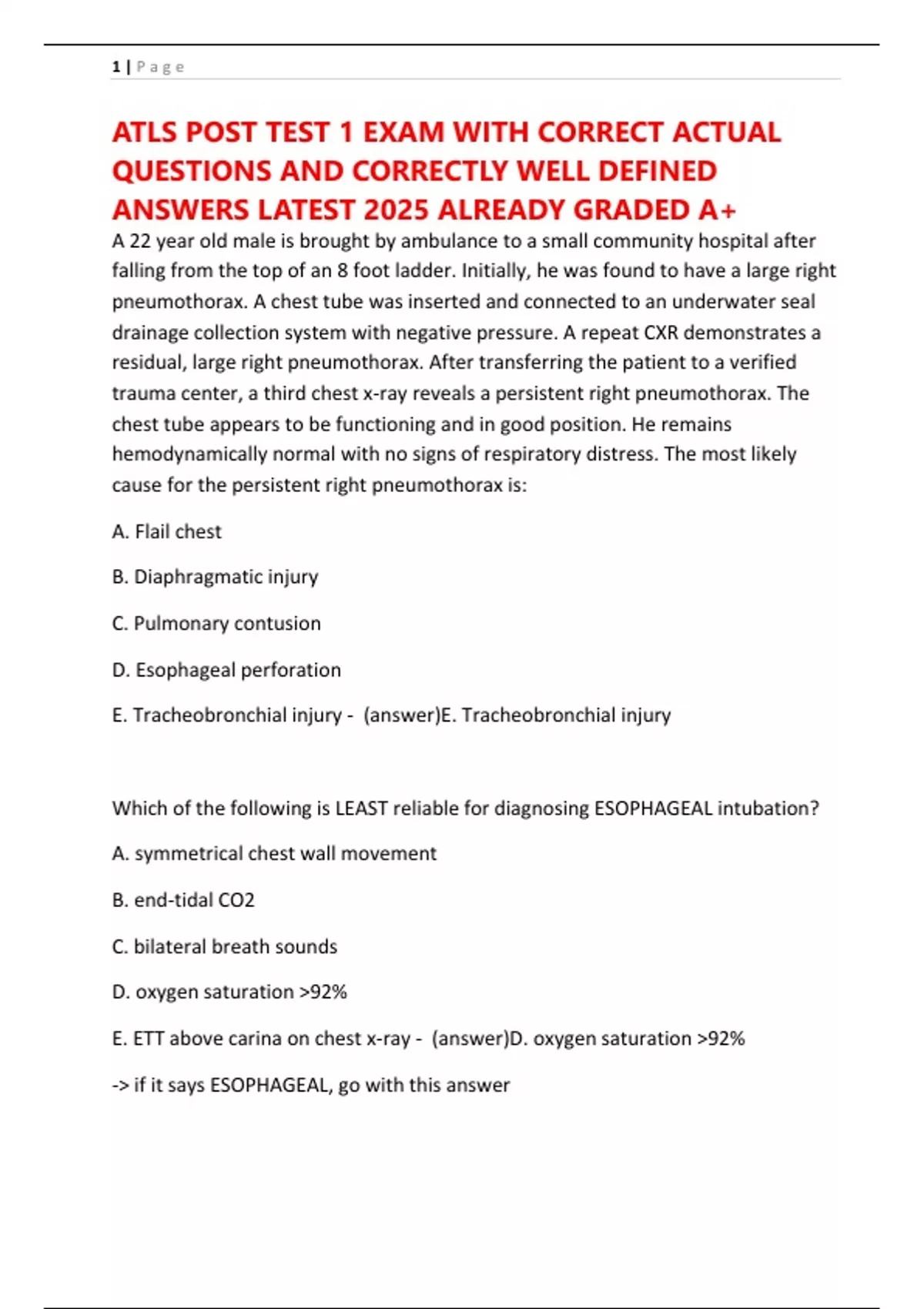 ATLS POST TEST 1 EXAM WITH CORRECT ACTUAL QUESTIONS AND CORRECTLY WELL ...