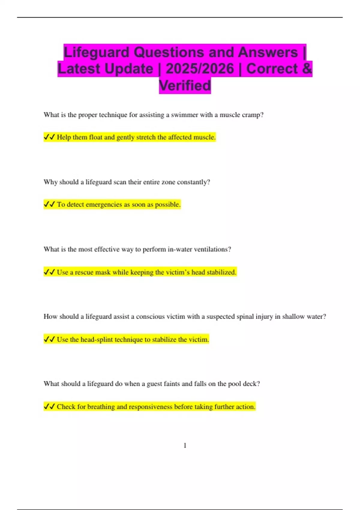 Lifeguard Questions and Answers | Latest Update | 2025/2026 | Correct ...