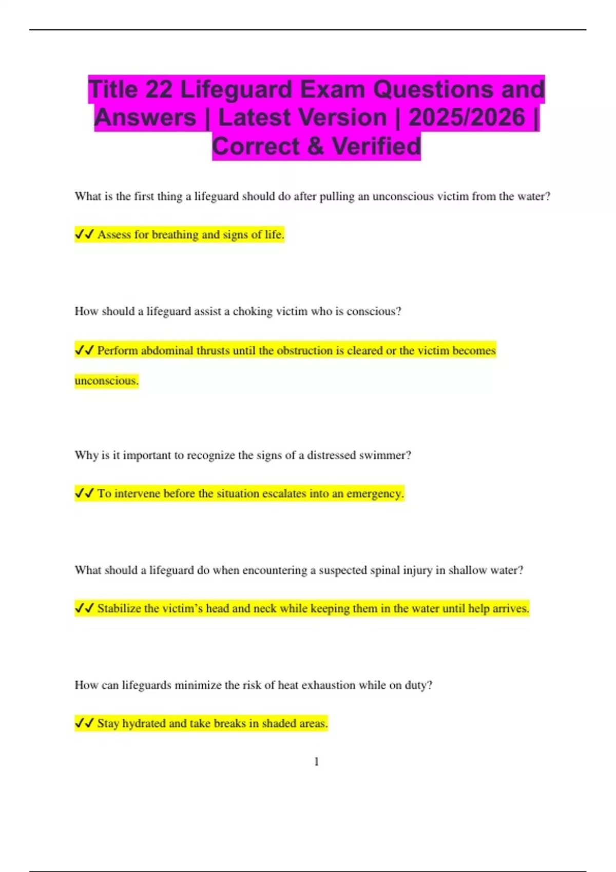 Title 22 Lifeguard Exam Questions and Answers | Latest Version | 2025/ ...