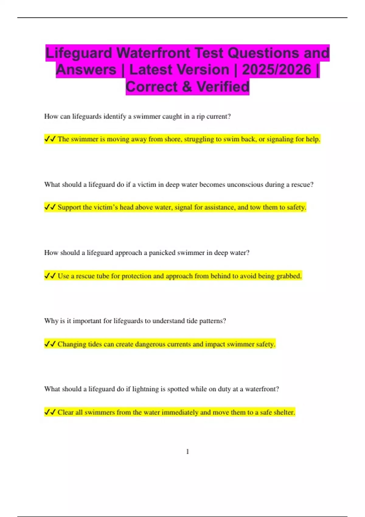 Lifeguard Waterfront Test Questions and Answers | Latest Version | 2025 ...