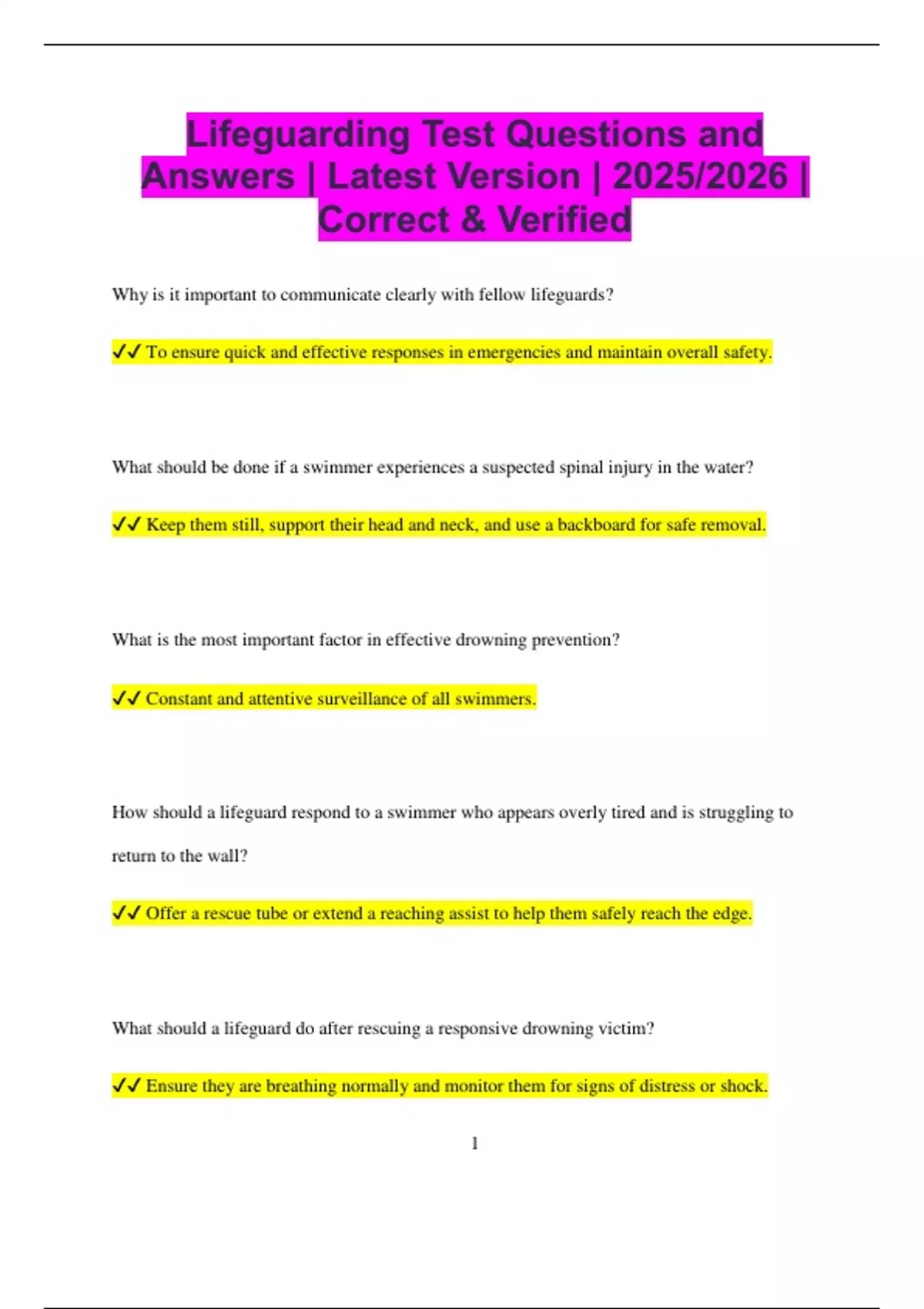 Lifeguarding Test Questions and Answers | Latest Version | 2025/2026 ...