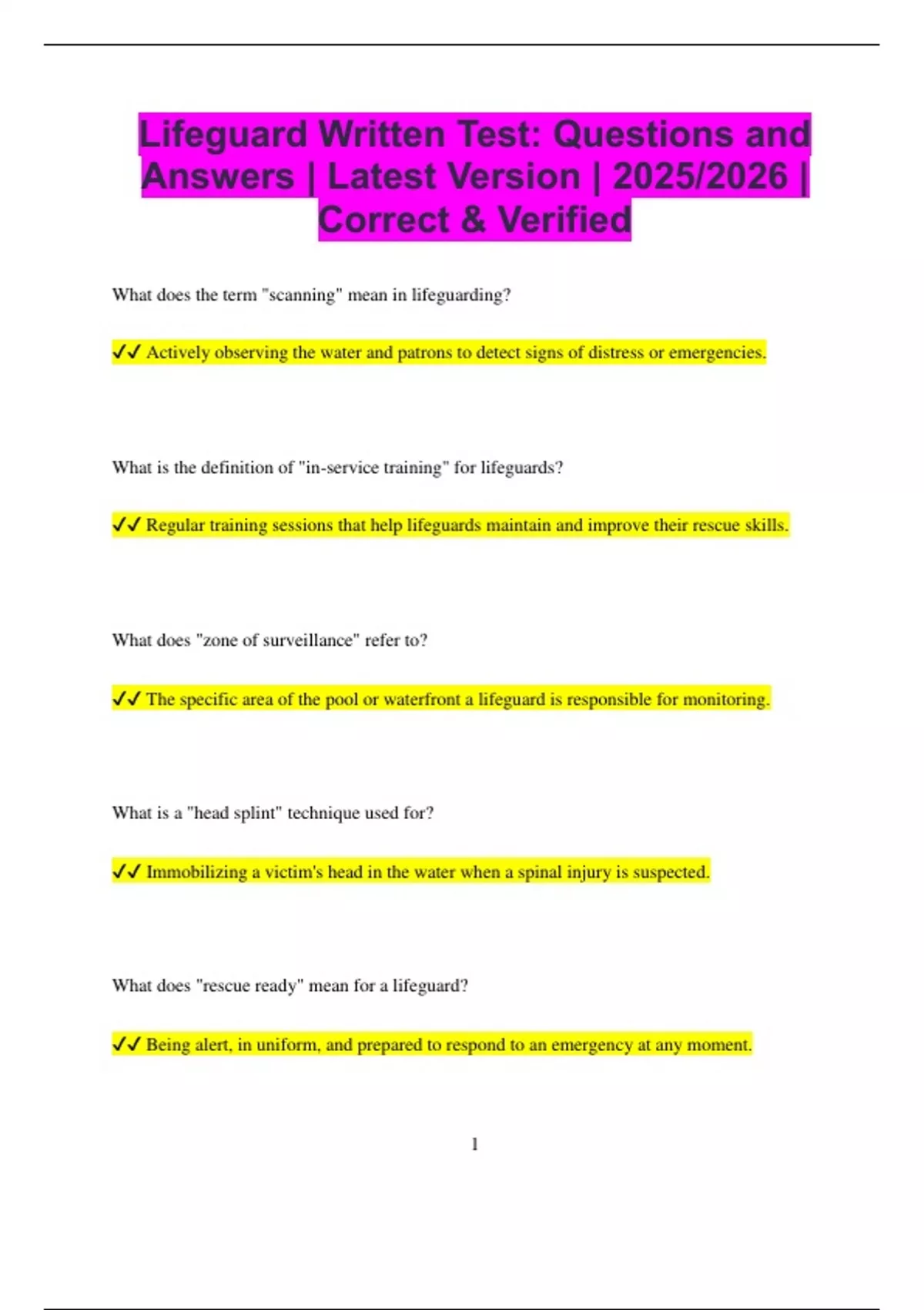 Lifeguard Written Test: Questions and Answers | Latest Version | 2025/ ...