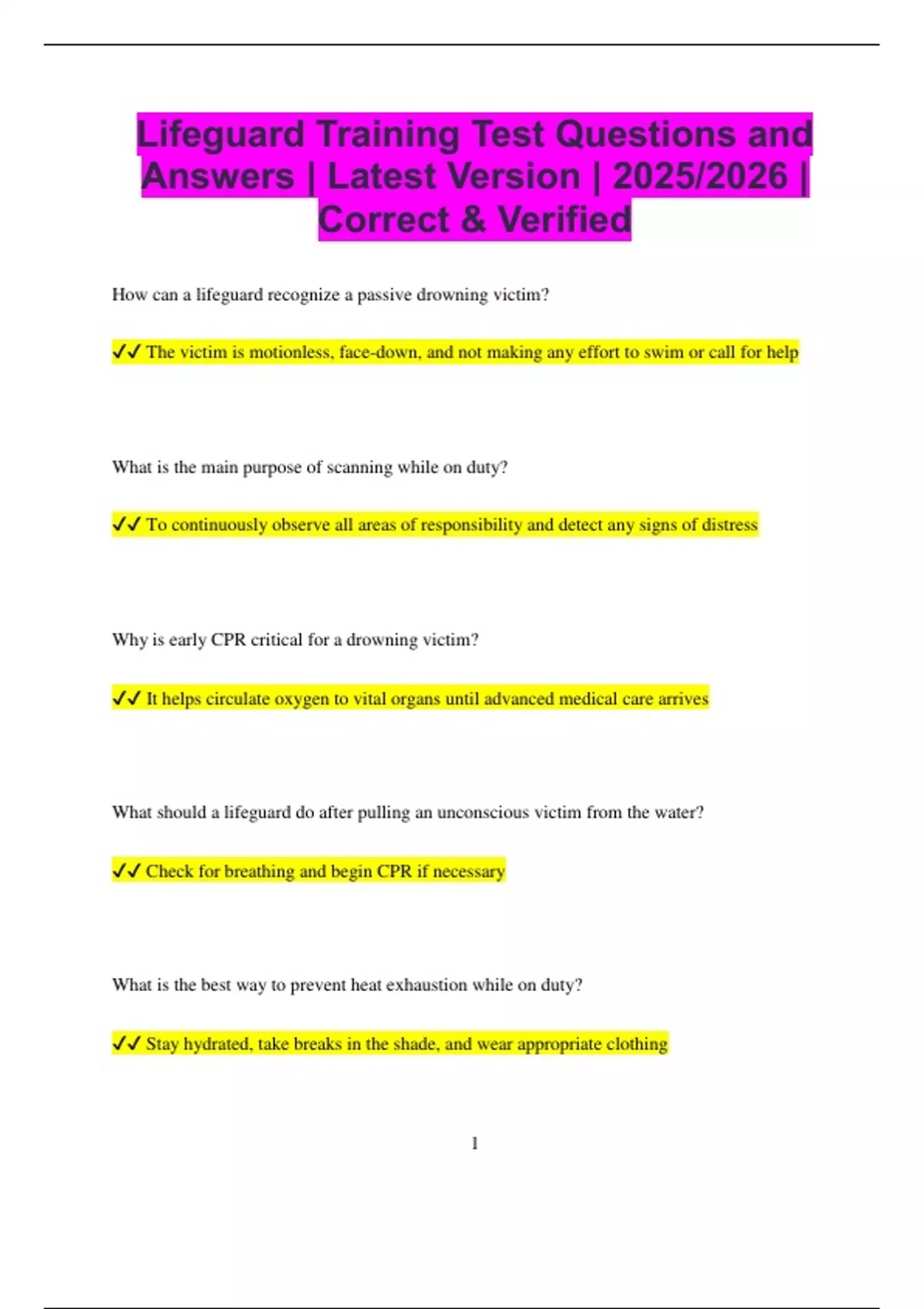 Lifeguard Training Test Questions and Answers | Latest Version | 2025/ ...